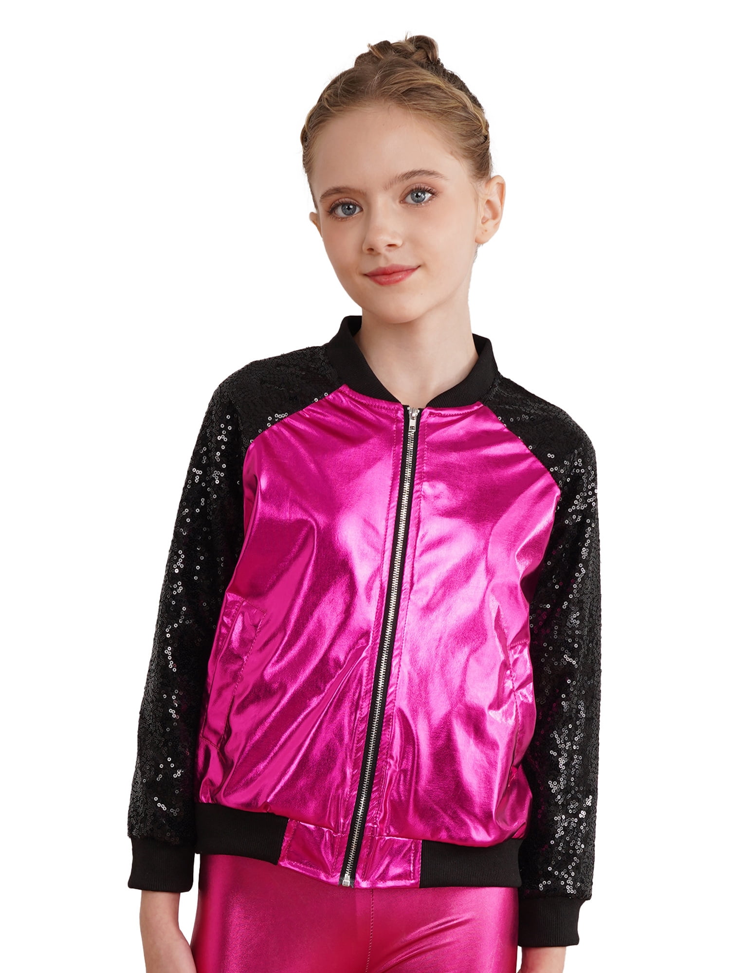 YiZYiF Kids Girls Shiny Metallic Long Sleeve Zipper Front Jacket ...