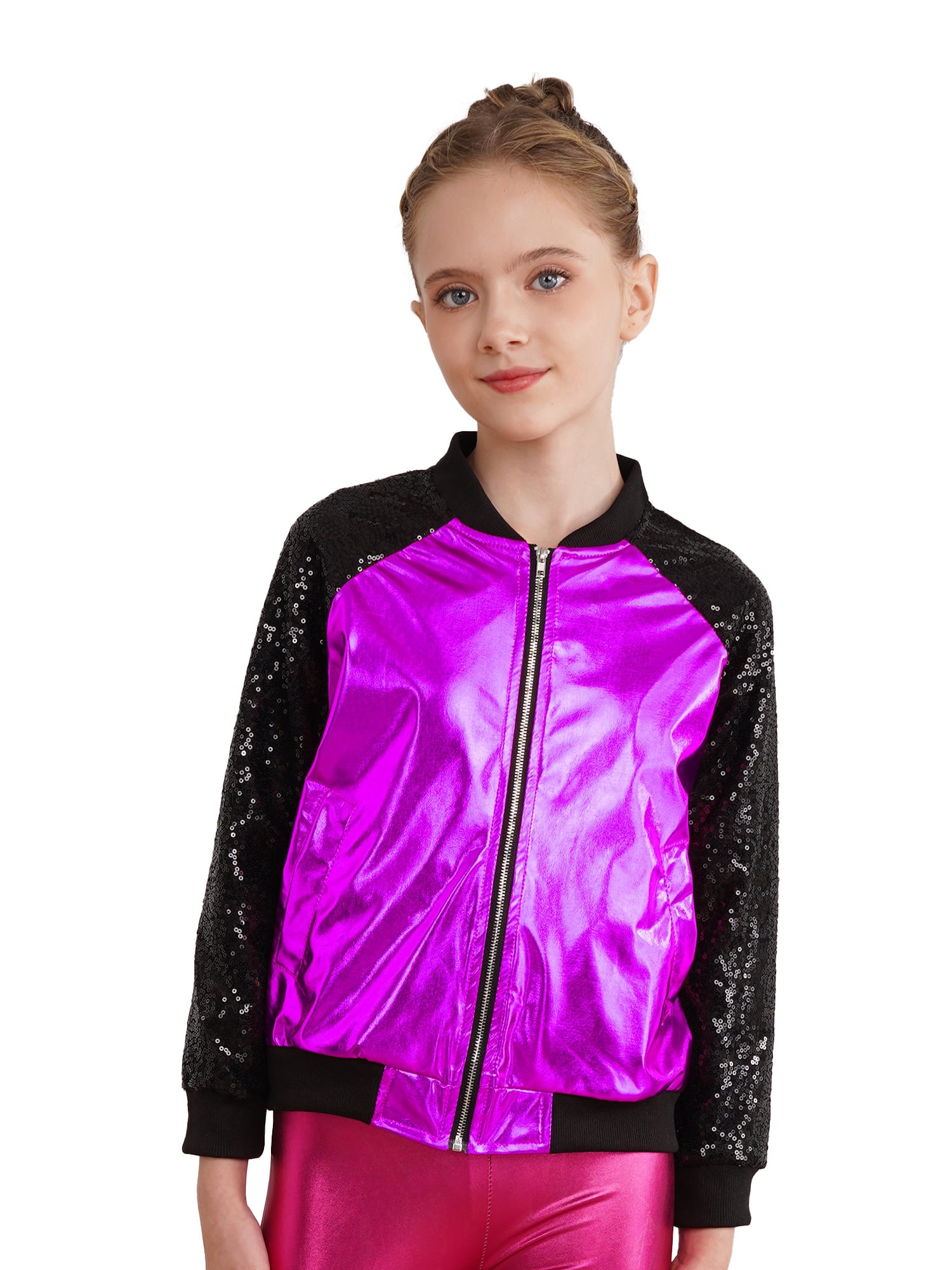 YiZYiF Kids Girls Shiny Metallic Long Sleeve Zipper Front Jacket ...