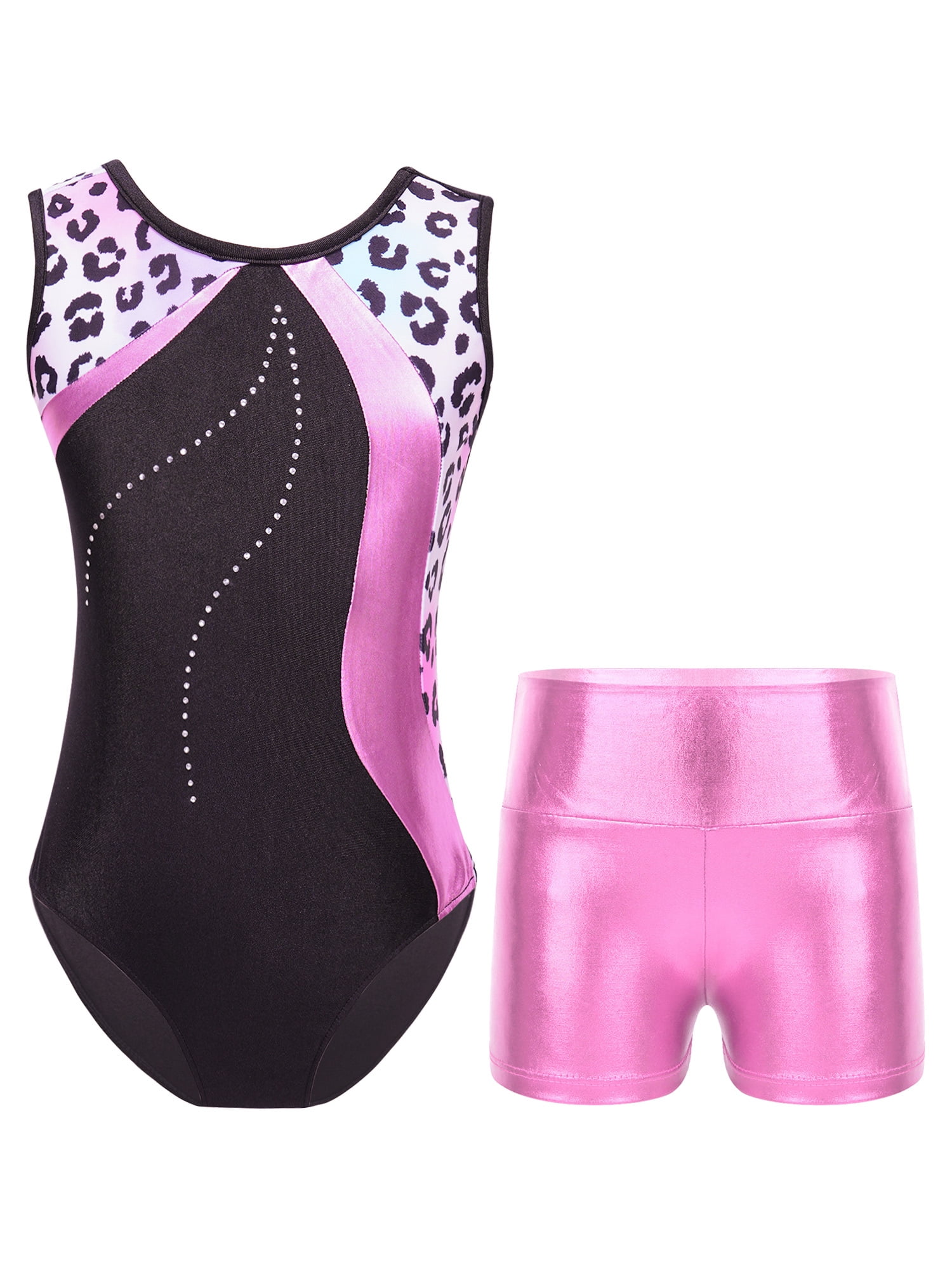 YiZYiF Kids Girls Shiny Rhinestones Gymnastics Leotard Dance Unitard Biketard with Shorts Gym ...