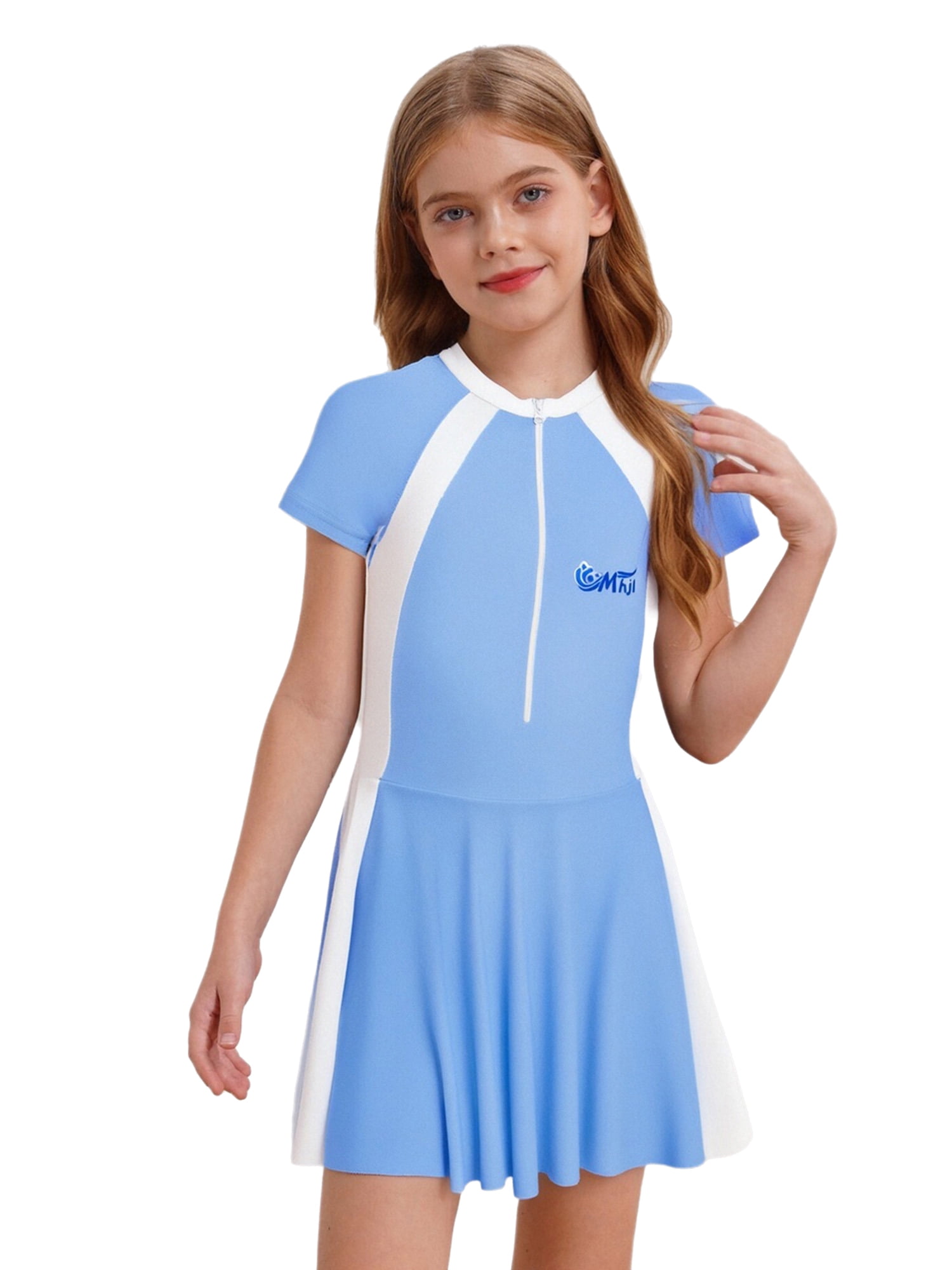 YiZYiF Kids Girls Short Sleeve Zip Neck One Piece Swim Dress with Built ...