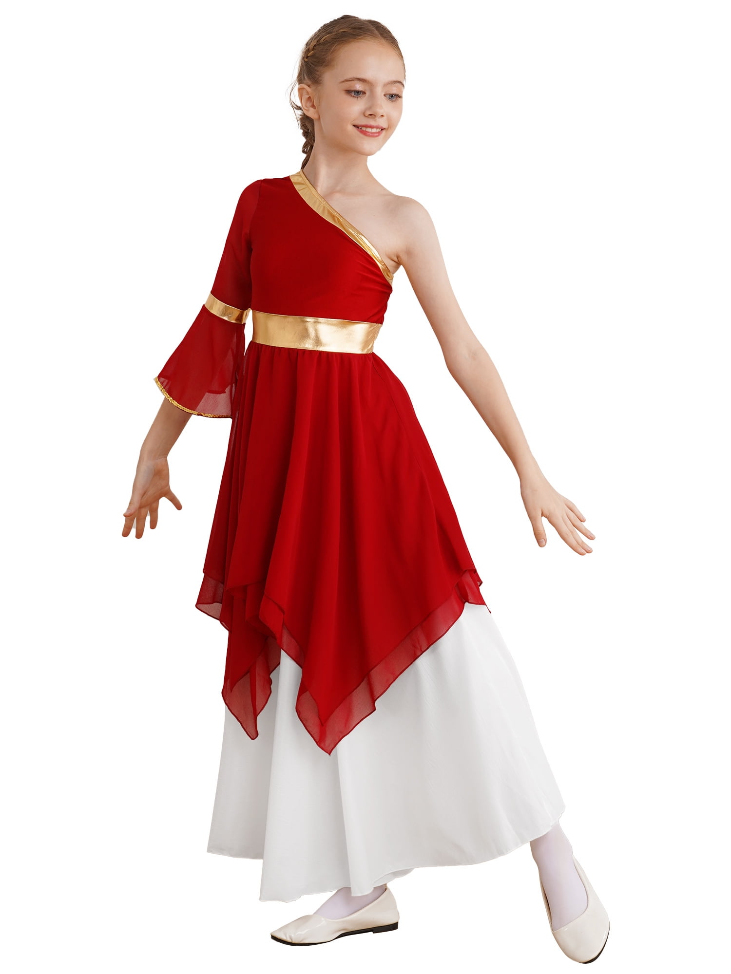 YiZYiF Kids Girls Single Flared Sleeve Praise Dance Dress High Low Hem ...