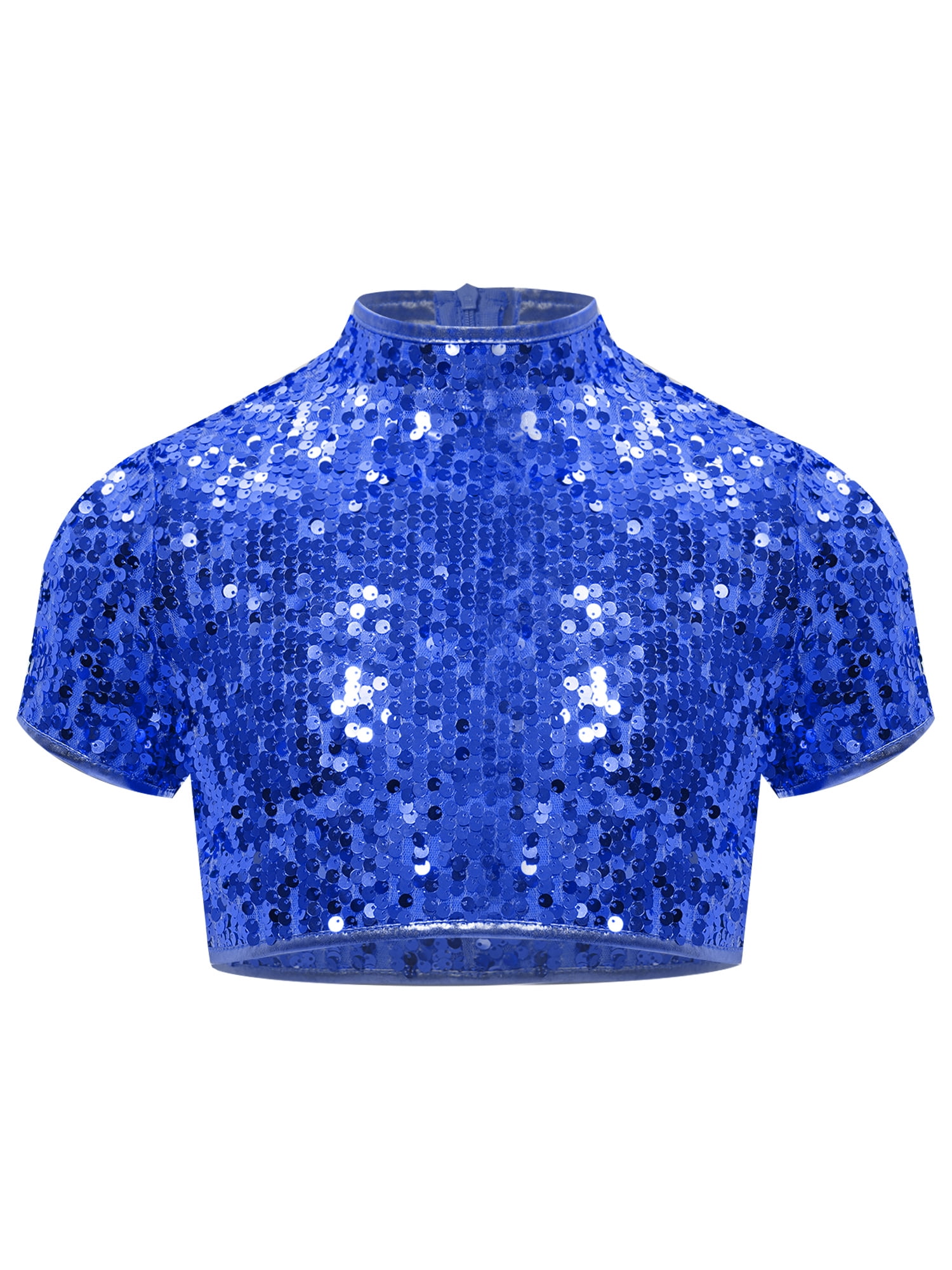 YiZYiF Kids Girls Sparkly Sequin Mock Neck Short Sleeve Dance Crop Top ...