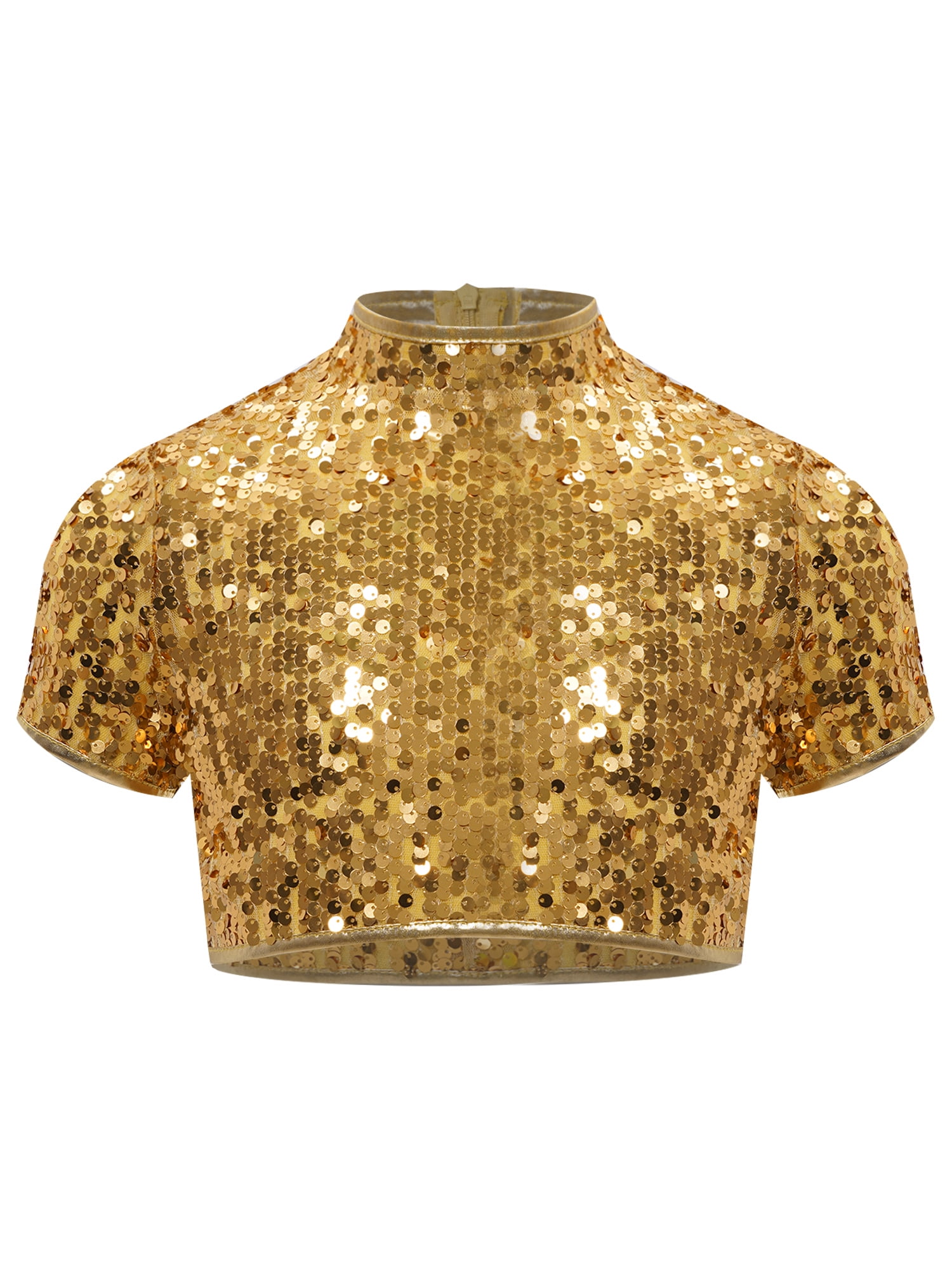 YiZYiF Kids Girls Sparkly Sequin Mock Neck Short Sleeve Dance Crop Top ...