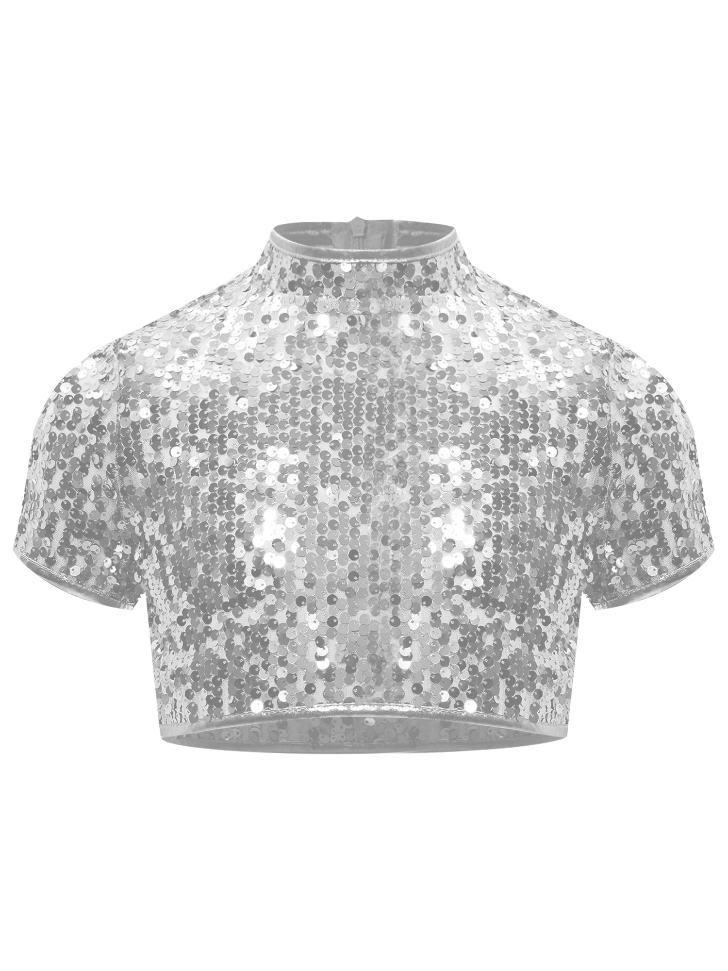 YiZYiF Kids Girls Sparkly Sequin Mock Neck Short Sleeve Dance Crop Top ...