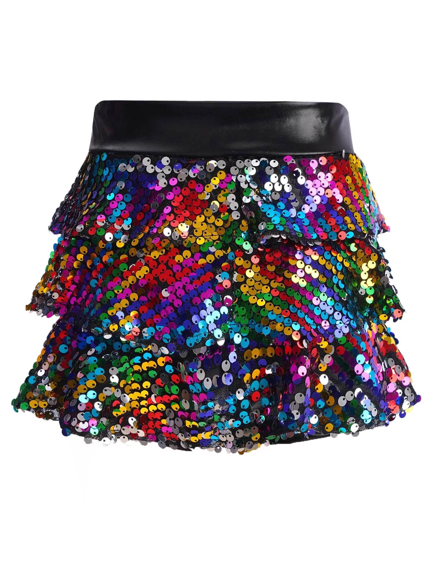 YiZYiF Kids Girls Sparkly Sequins Dance Skirt Tiered Ruffle Skorts Hip ...