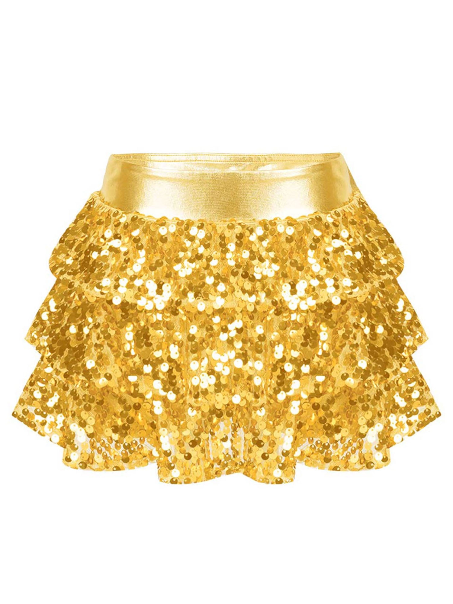 YiZYiF Kids Girls Sparkly Sequins Dance Skirt Tiered Ruffle Skorts Hip ...