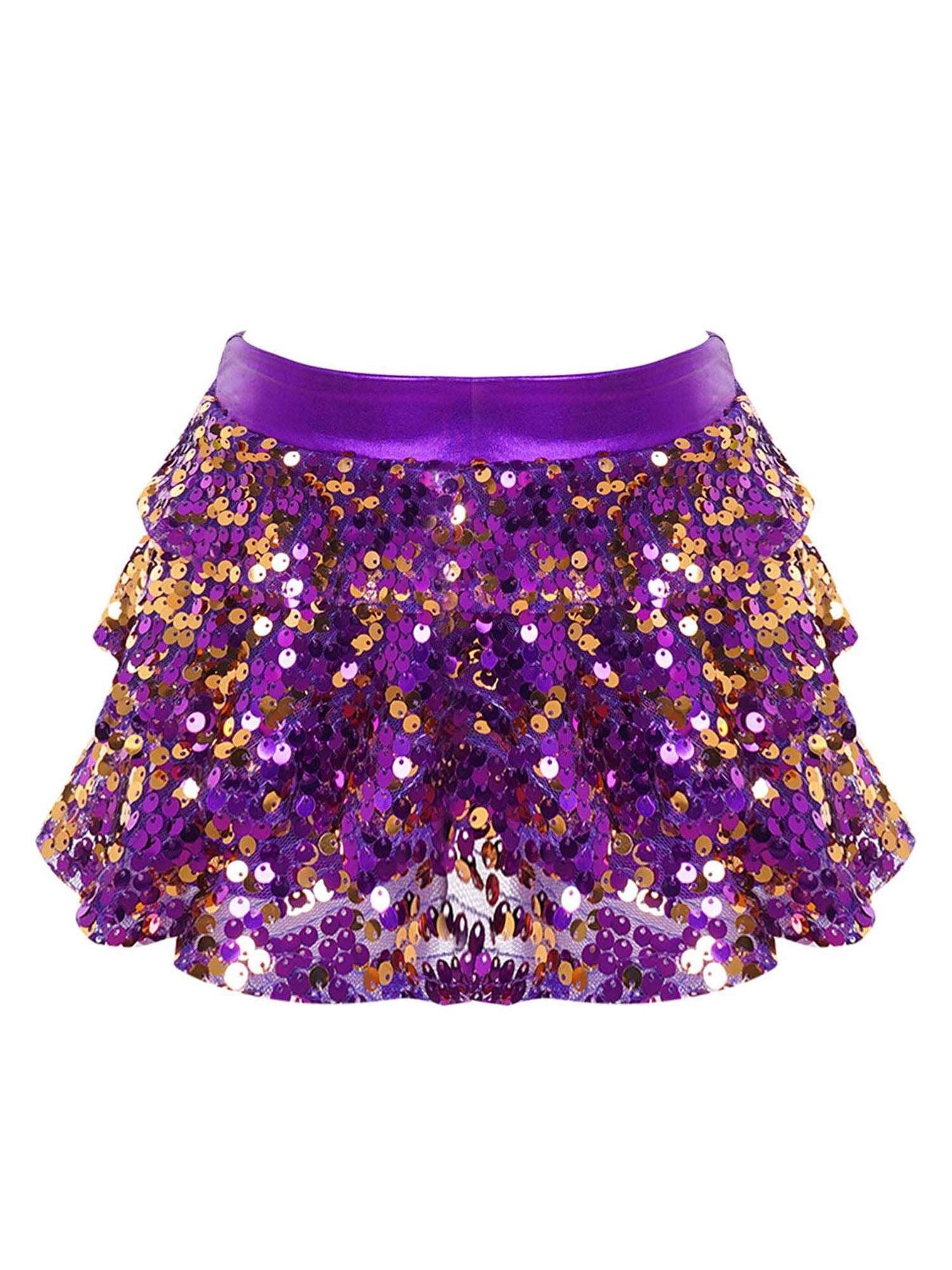 YiZYiF Kids Girls Sparkly Sequins Dance Skirt Tiered Ruffle Skorts Hip ...