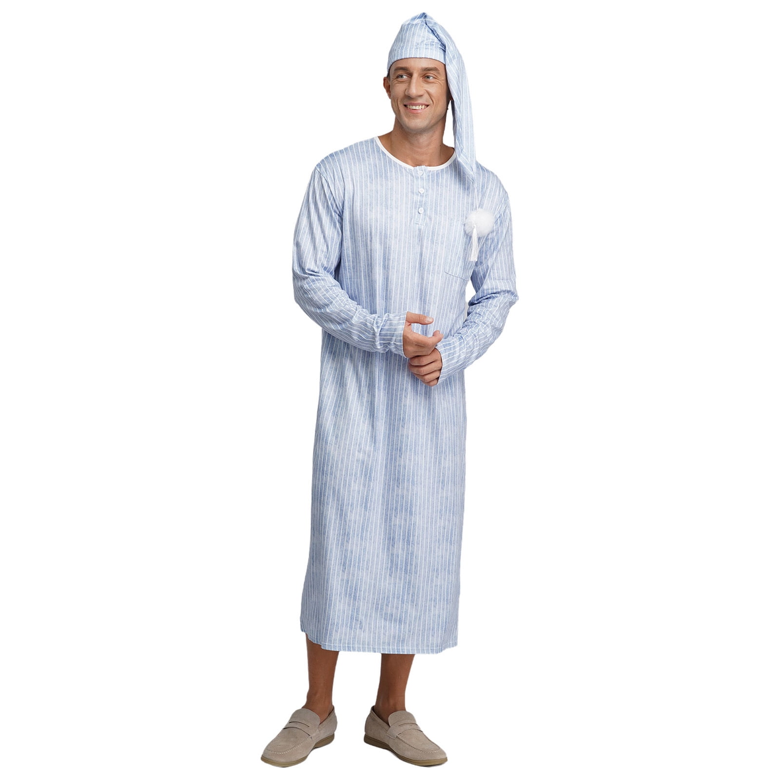 YiZYiF Men's Striped Loose Sleepwear Long Sleeve Sleep Robe Night ...