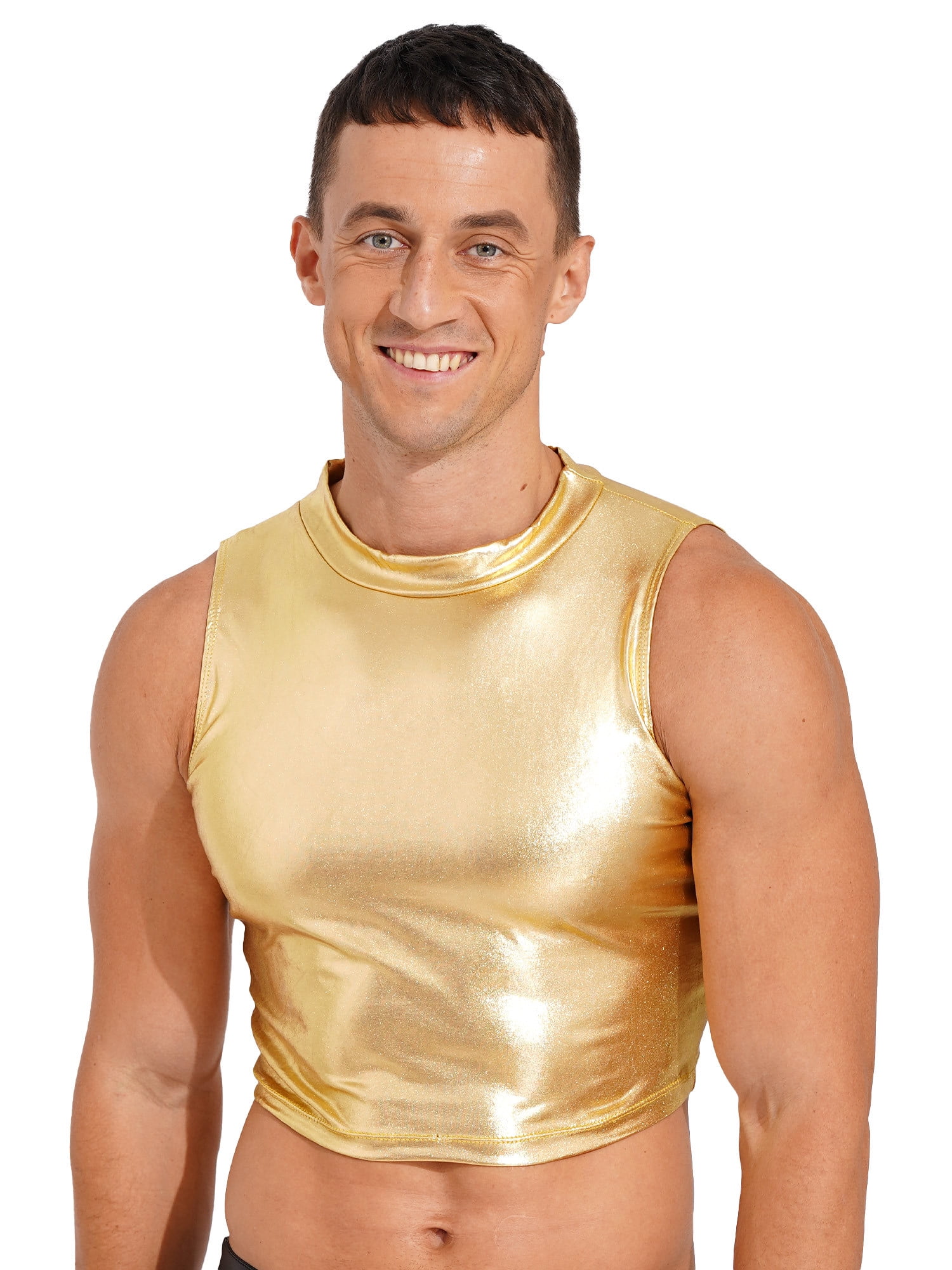 YiZYiF Mens Metallic Mock Neck Crop Top Faux Leather Vest Tops Gothic ...