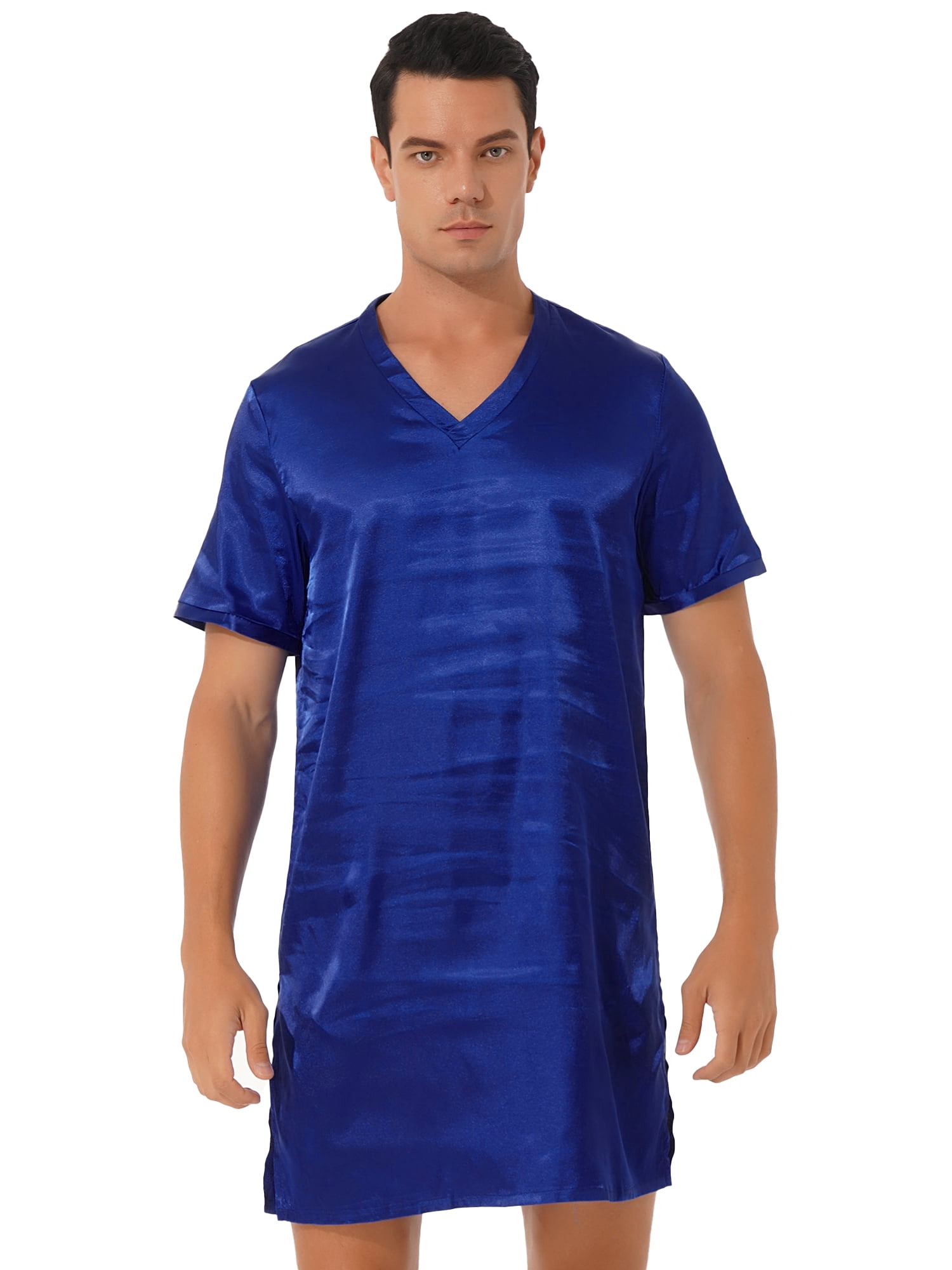 YiZYiF Mens Satin Short Sleeve Nightgown V Neck Smooth Sleepwear ...