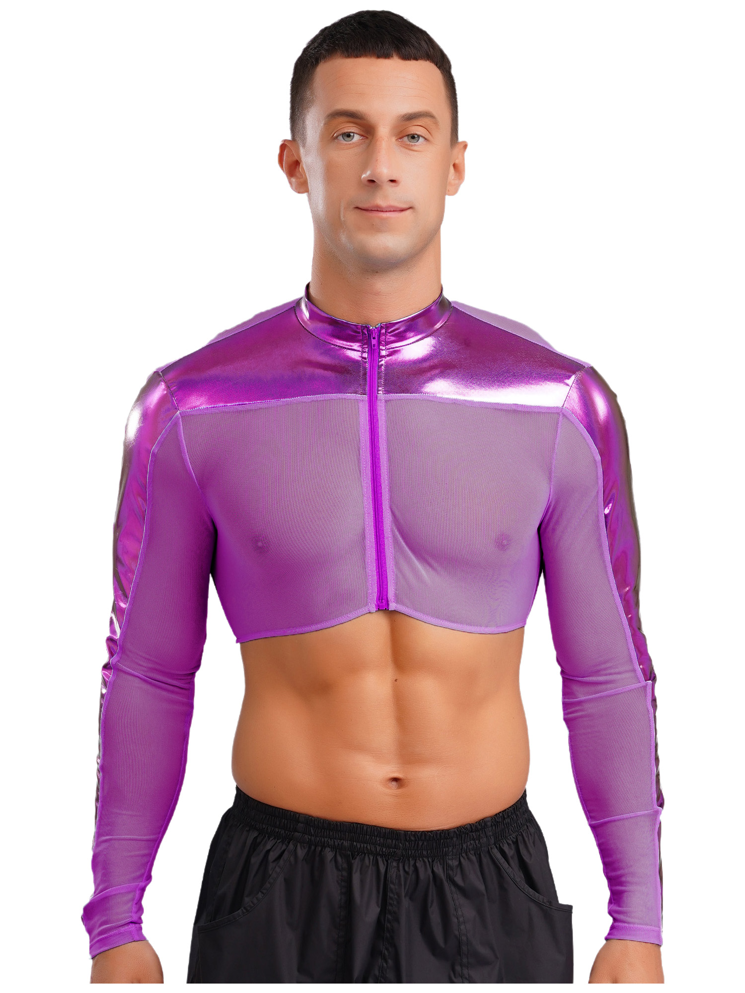 YiZYiF Mens Sexy Metallic Tank Tops Long Sleeve See Through Mesh Zipper ...