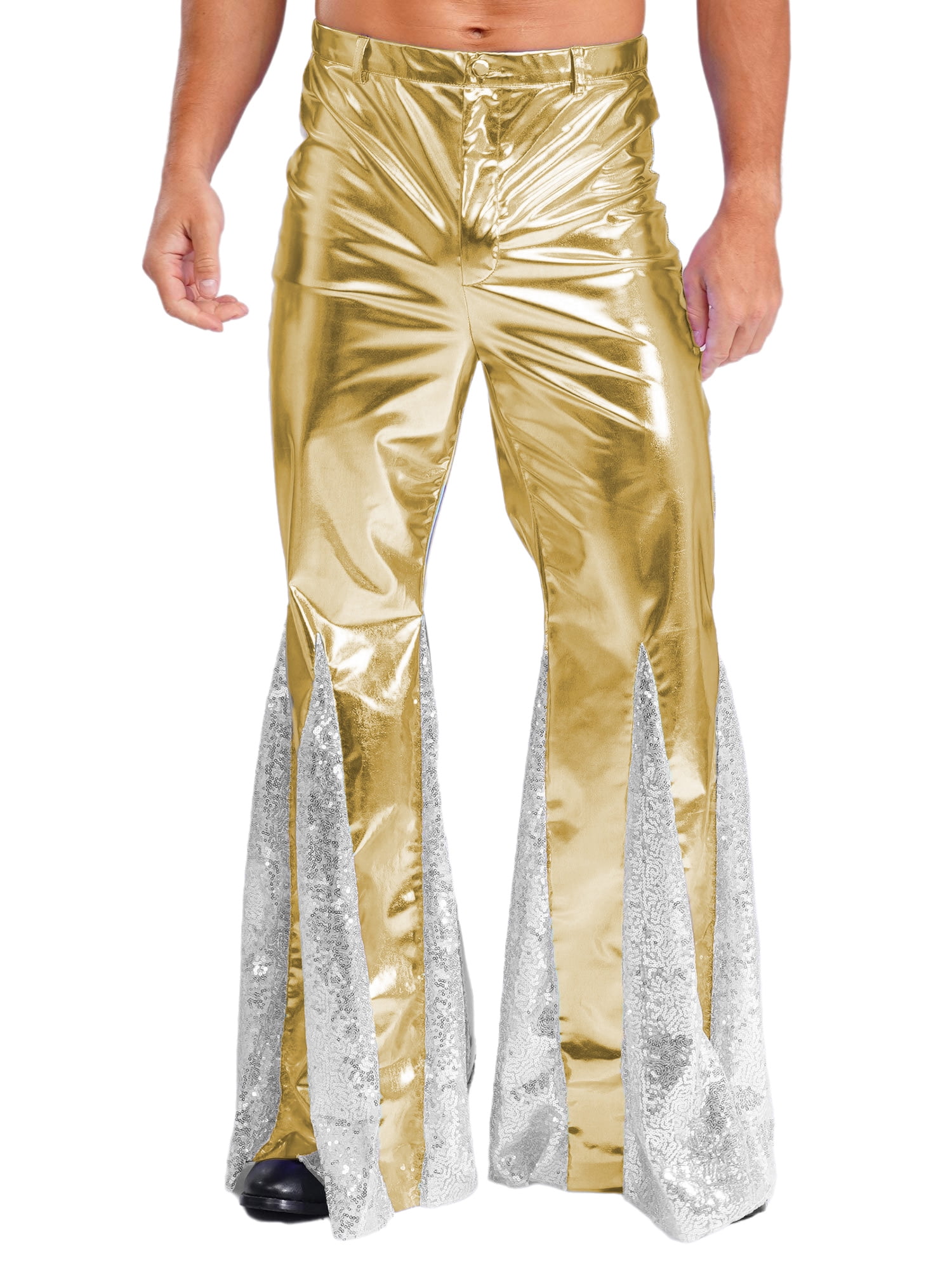 YiZYiF Mens Shiny Metallic 70s Disco Pants Hippie Costume Sequins ...