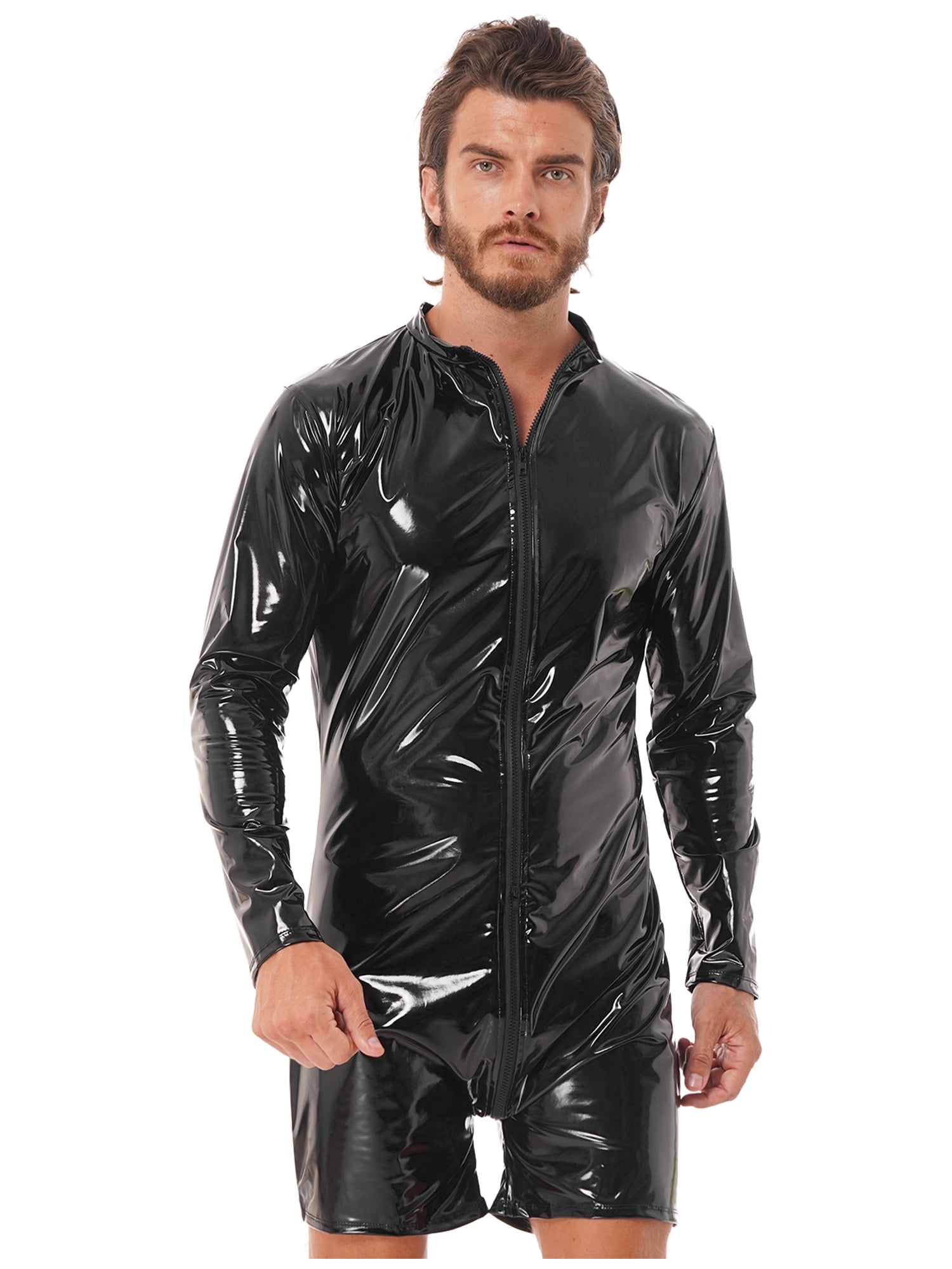 Yizyif Mens Wet Look Patent Leather Bodysuit Latex Catsuit Long Sleeve