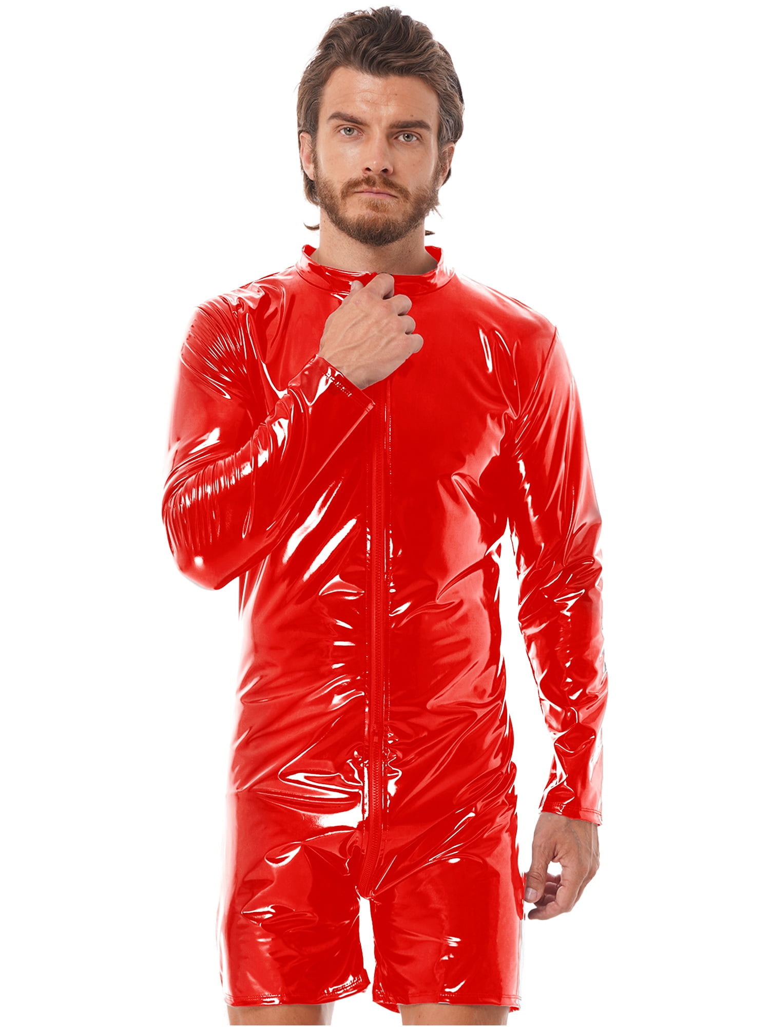 Yizyif Mens Wet Look Patent Leather Bodysuit Latex Catsuit Long Sleeve