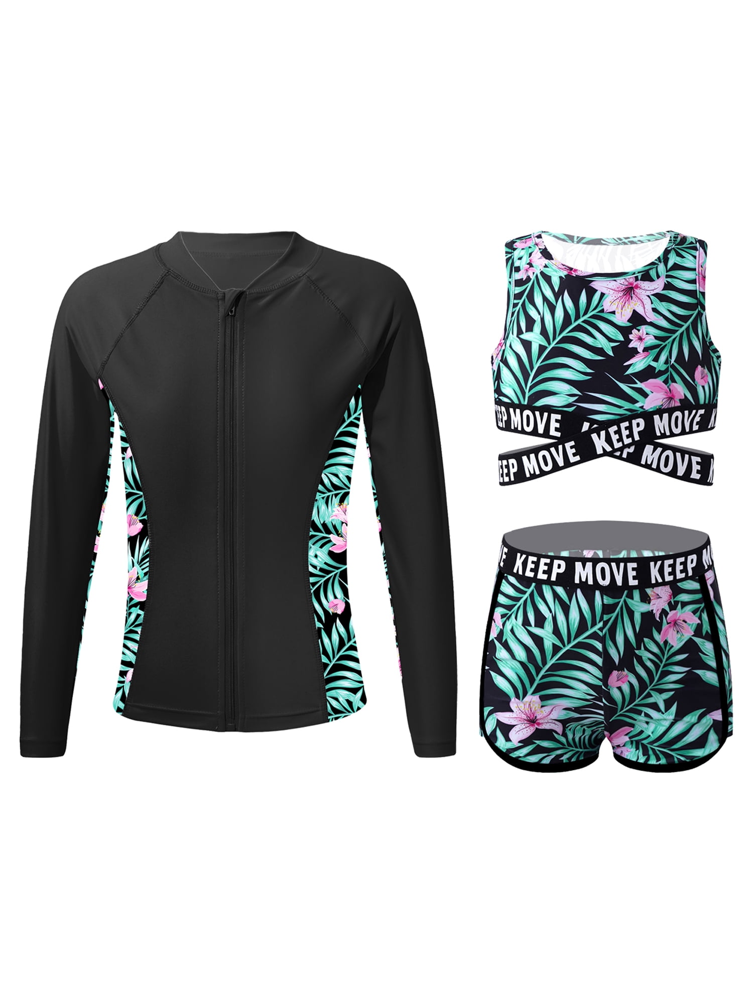 YiZYiF Teens Girls 3Pcs Printed Swimwear Long Sleeve Zipper Outwear ...