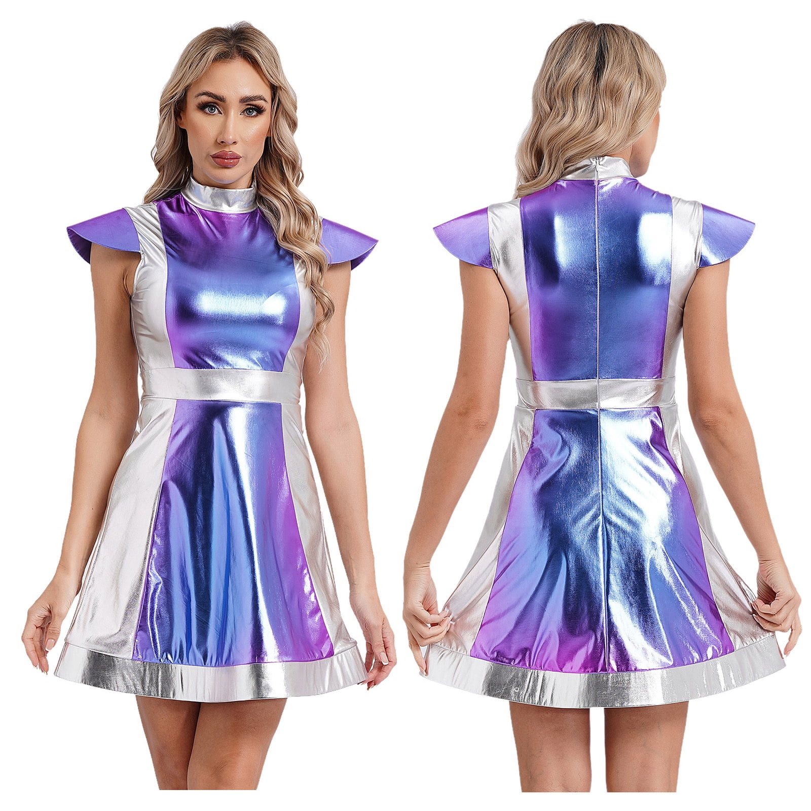 YiZYiF Women Space Alien Costume Metallic Dance Dress for Halloween ...