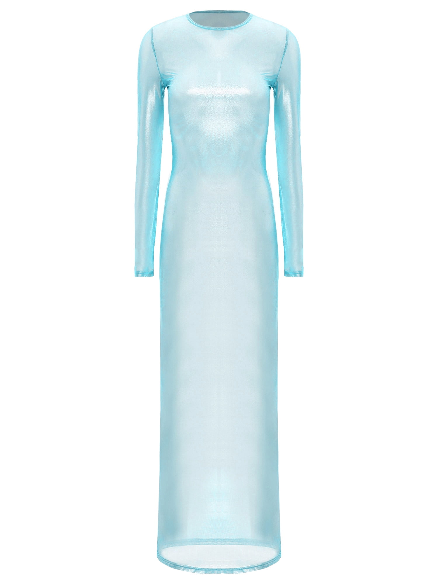 YiZYiF Women's Glossy Long Sleeve Bodycon Dress Metallic Shiny Maxi ...