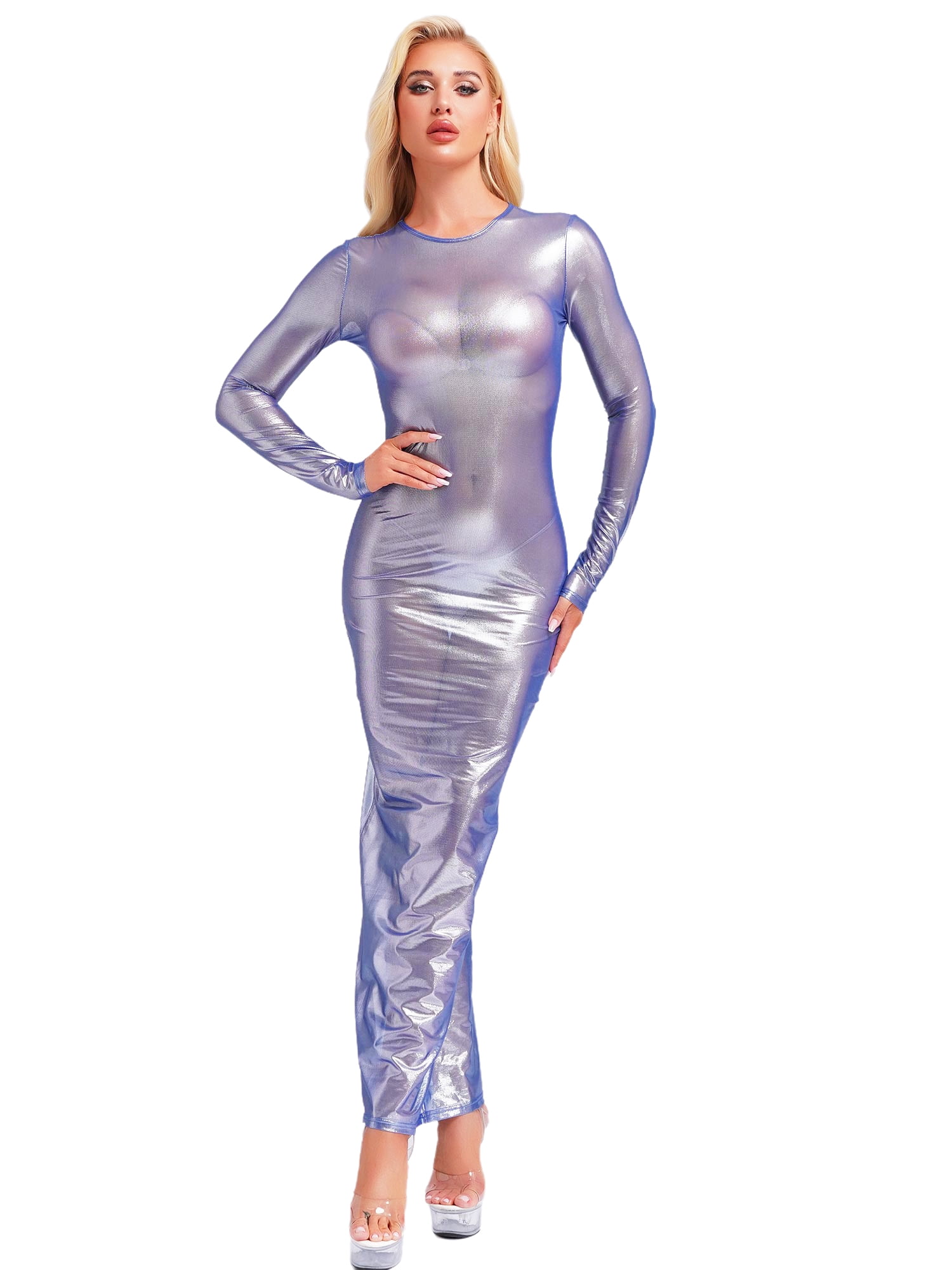 YiZYiF Women's Glossy See Through Long Sleeve Bodycon Dress Metallic ...