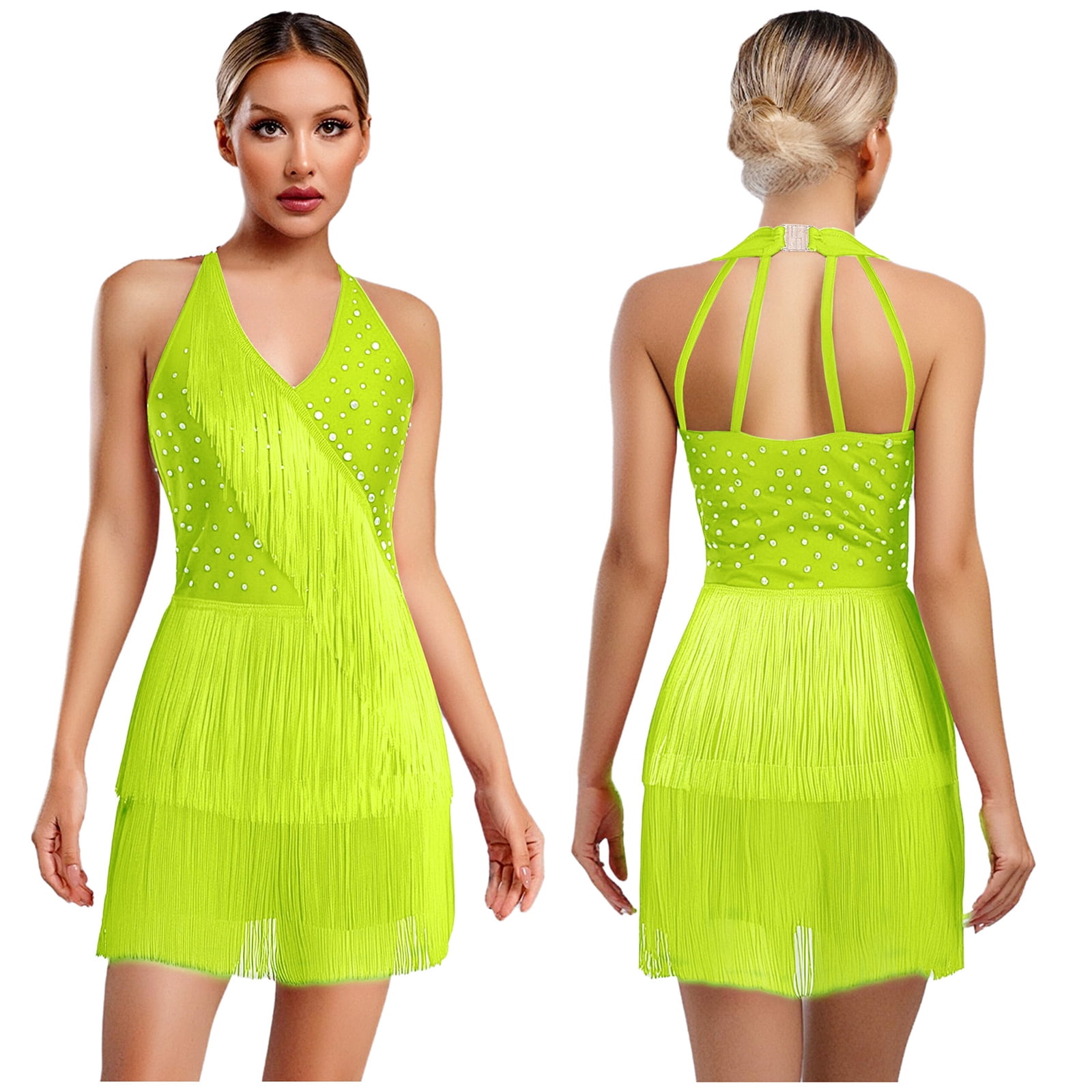 YiZYiF Women's Latin Leotard Dress Halter Neck Fringe Dance Costume for ...