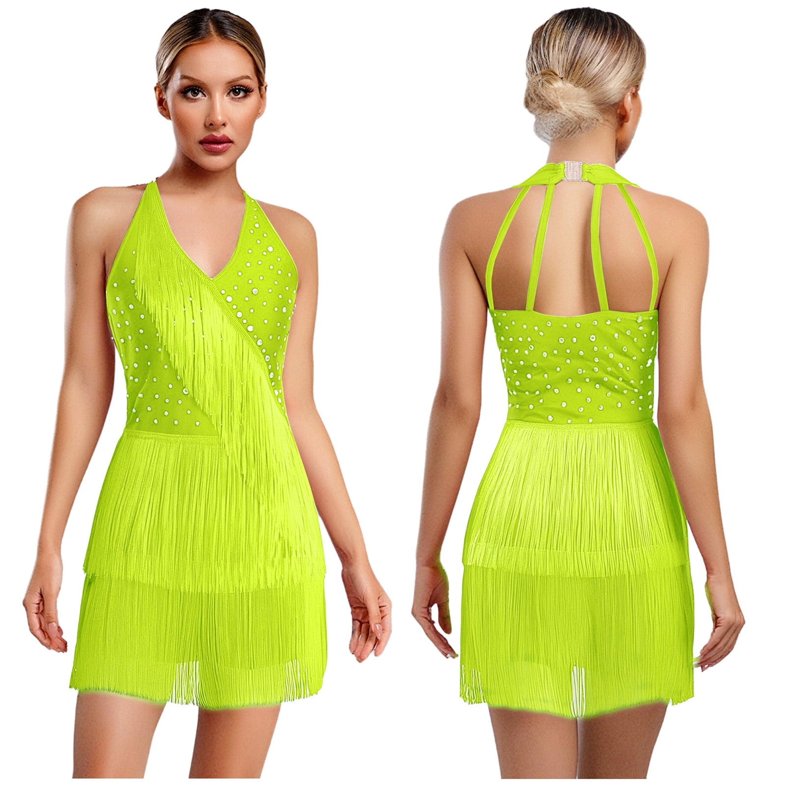 YiZYiF Women's Latin Leotard Dress Halter Neck Fringe Dance Costume for ...