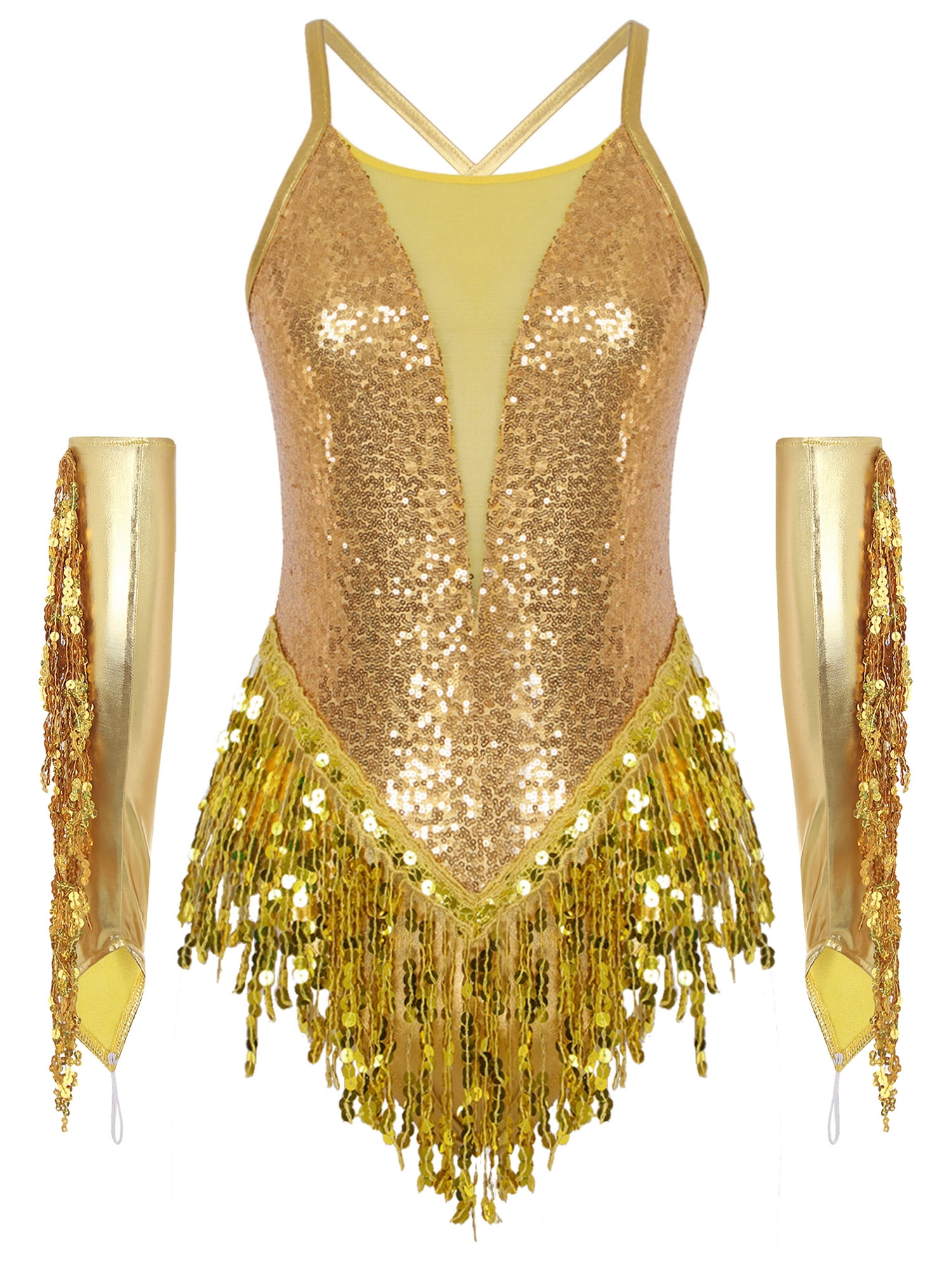 YiZYiF Women's Modern Dance Costumes Shiny Sequins Fringe Cha Cha Latin Dance Leotard with ...