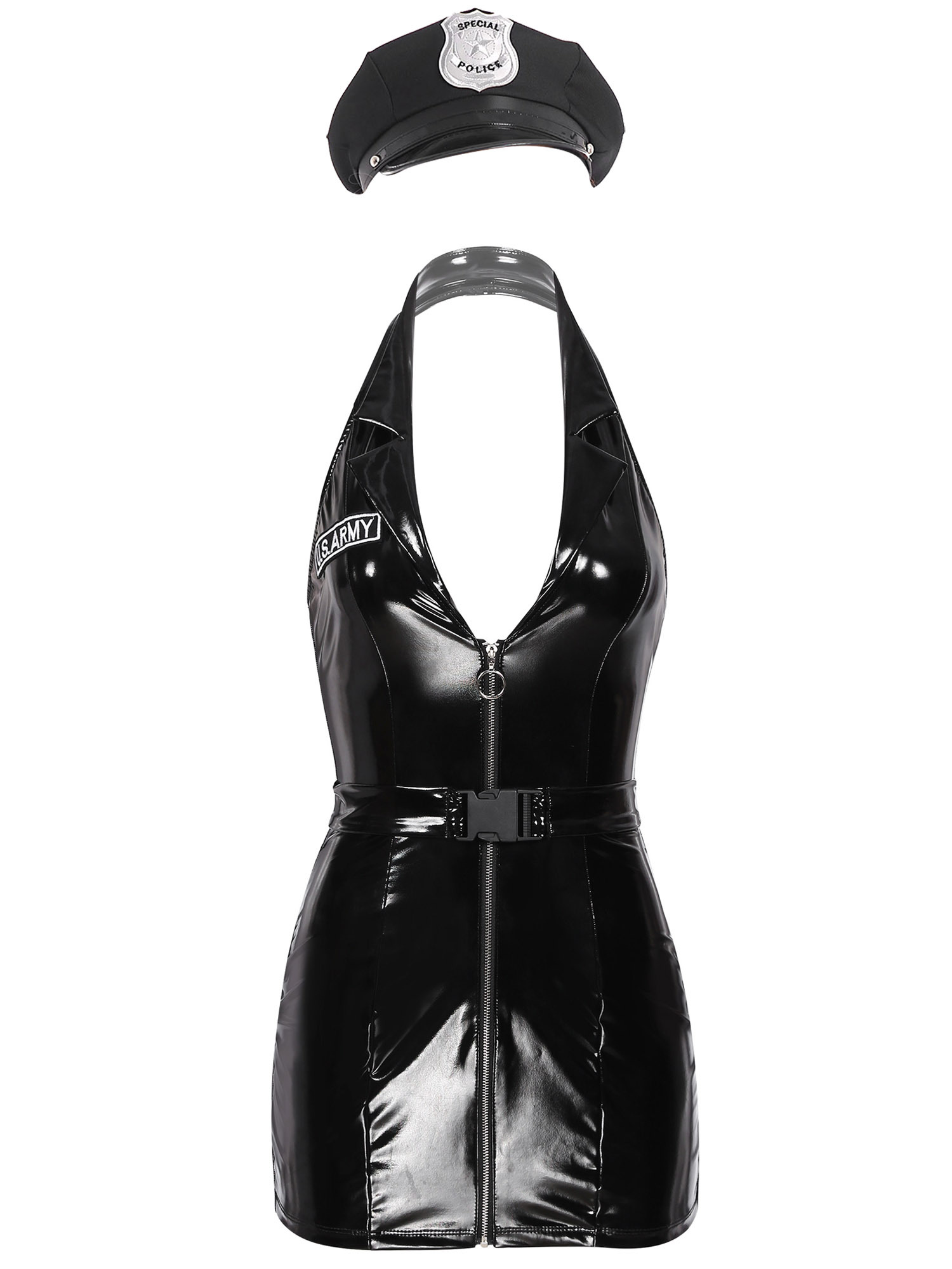 YiZYiF Women's Police Officer Uniform Cop Outfits Latex Bodycon Mini ...