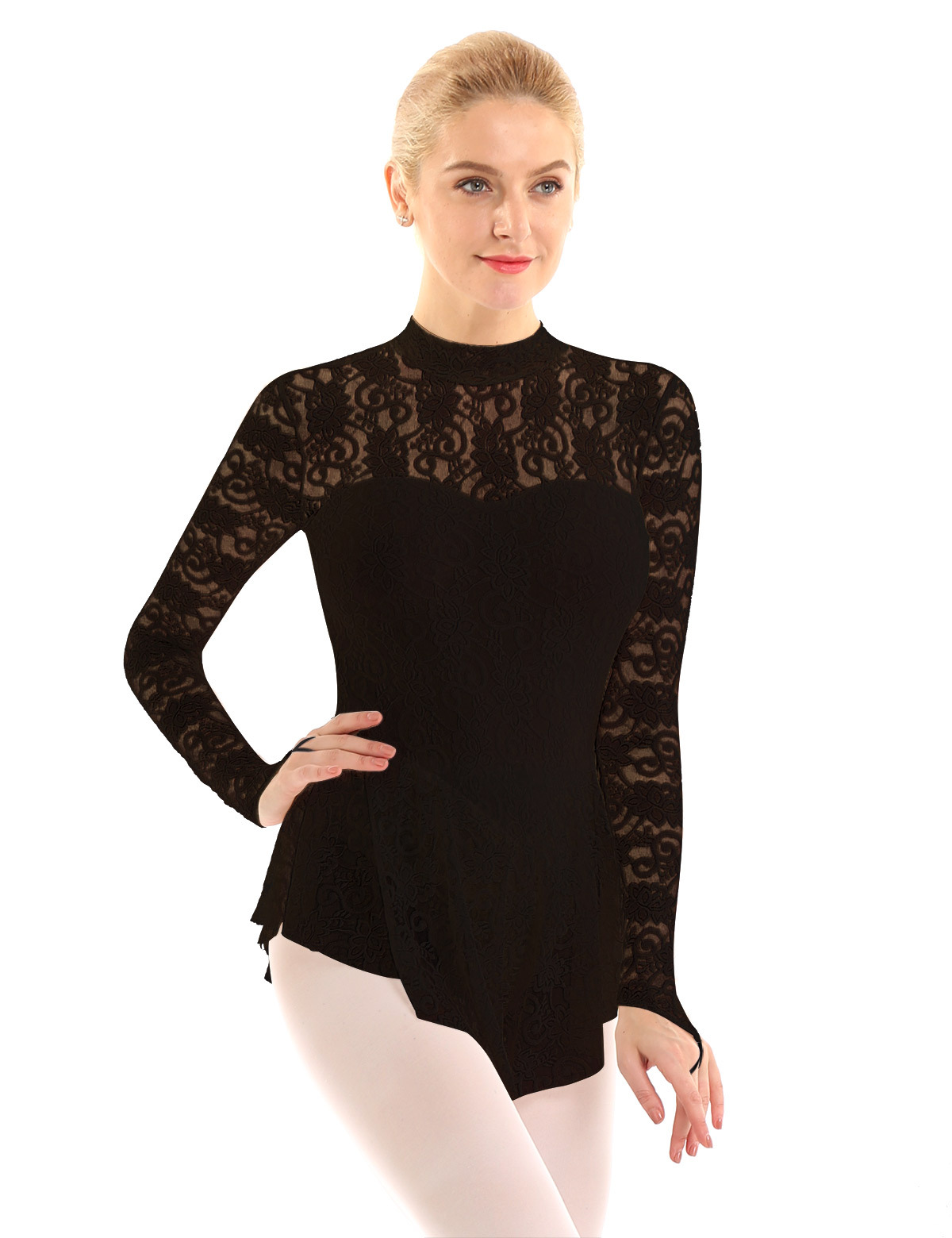 YiZYiF Womens Floral Lace Skating Leotard Dress Long Sleeve Ballet ...