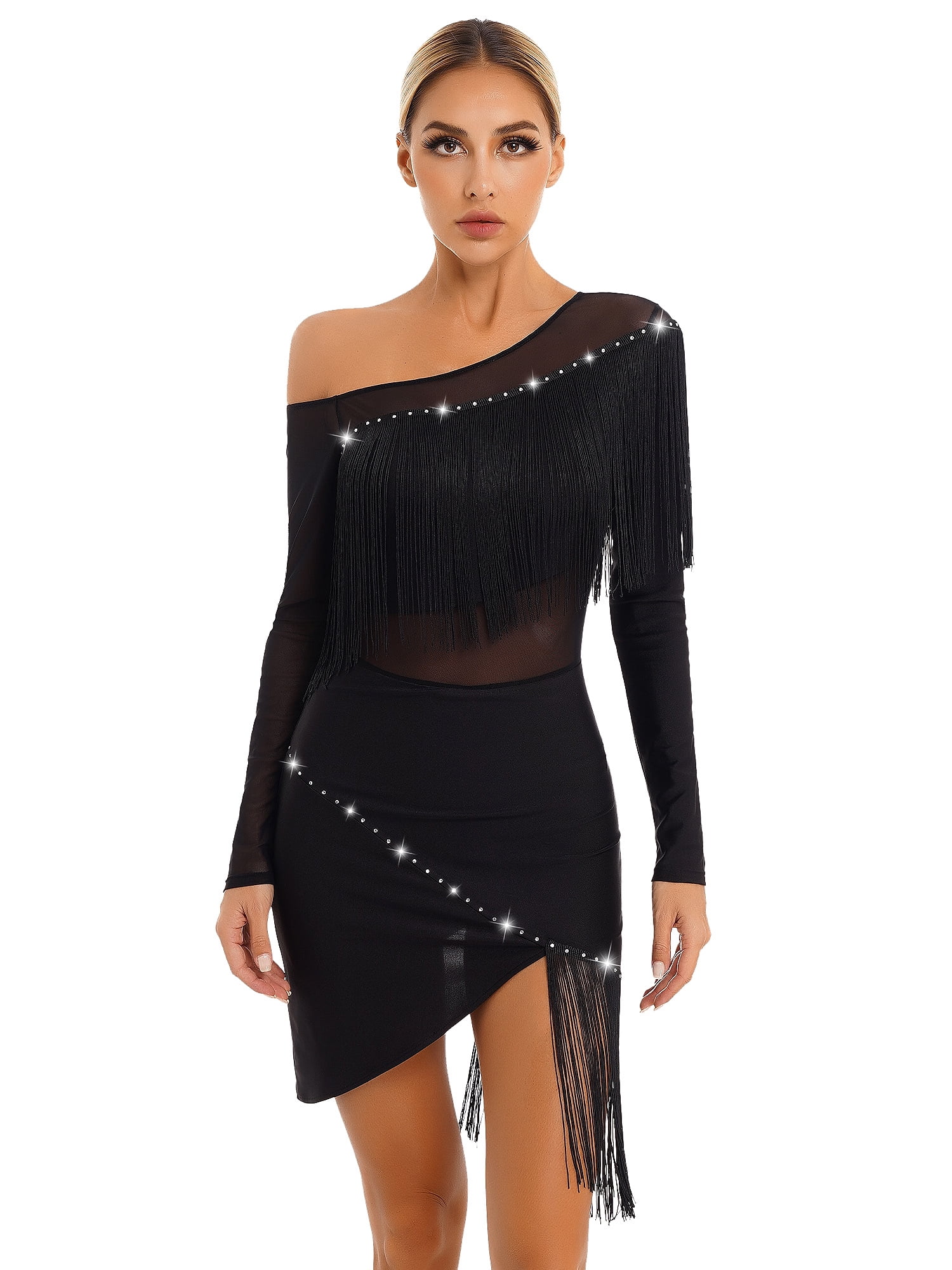 YiZYiF Womens Latin Dance Dress Rhinestone Tassels Tango Cha Cha Dance ...
