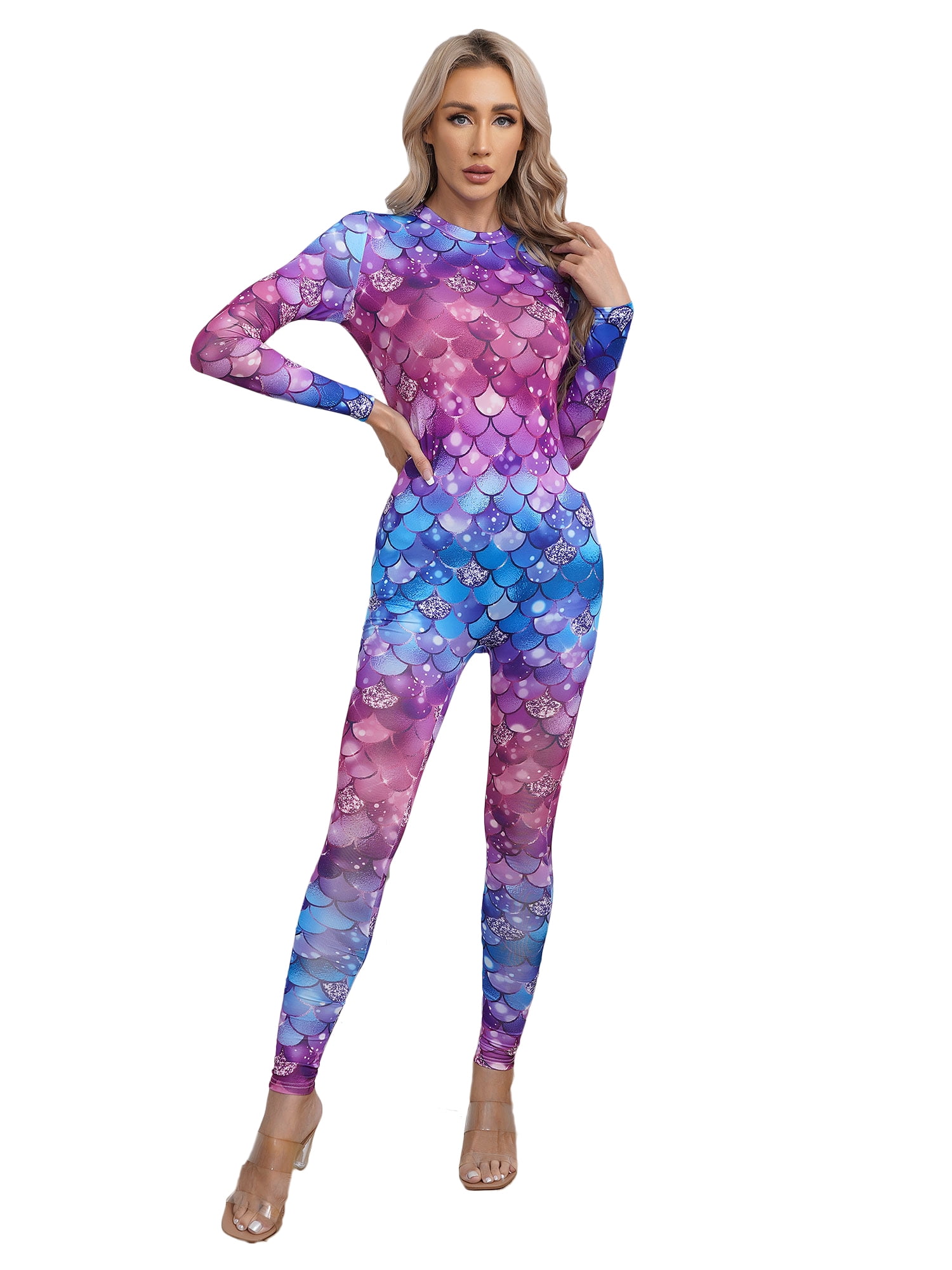 YiZYiF Womens Mermaid Costume Fish Scale Print Jumpsuit One Piece Long ...