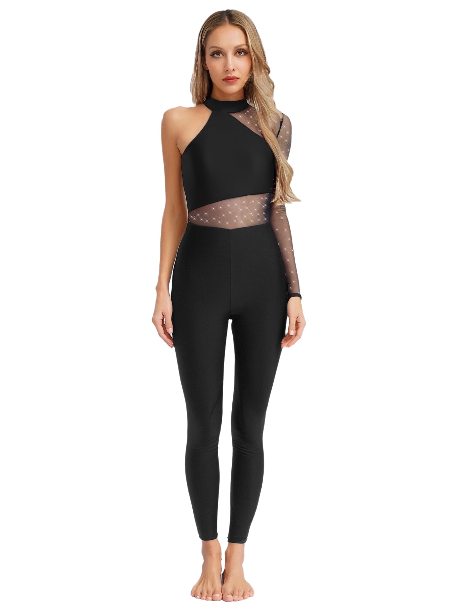 YiZYiF Womens One Shoulder Gymnastics Jumpsuit Unitards Glittery Sheer ...