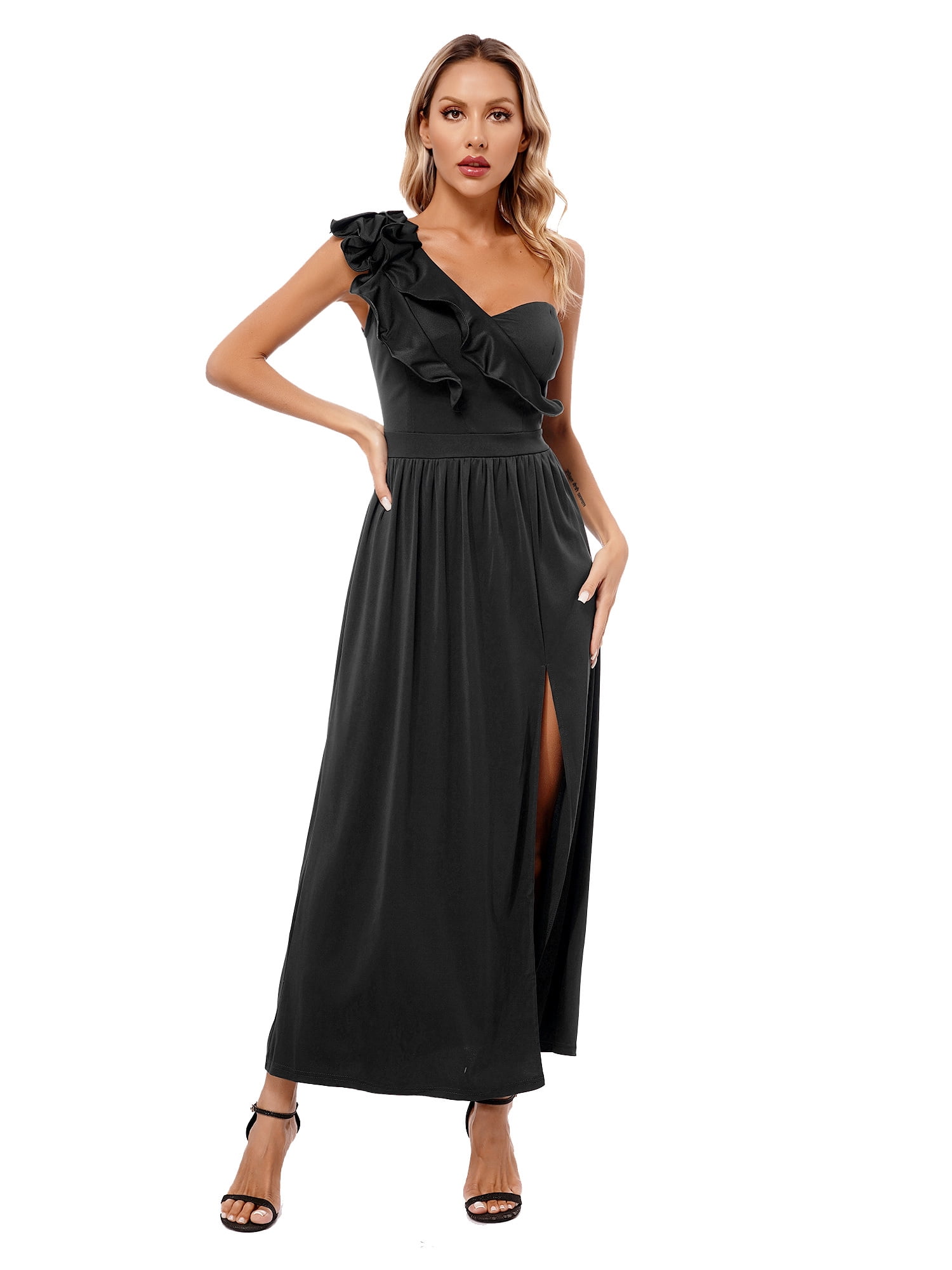 YiZYiF Womens One Shoulder Ruffle Party Dress Side Split Maxi Dress for ...