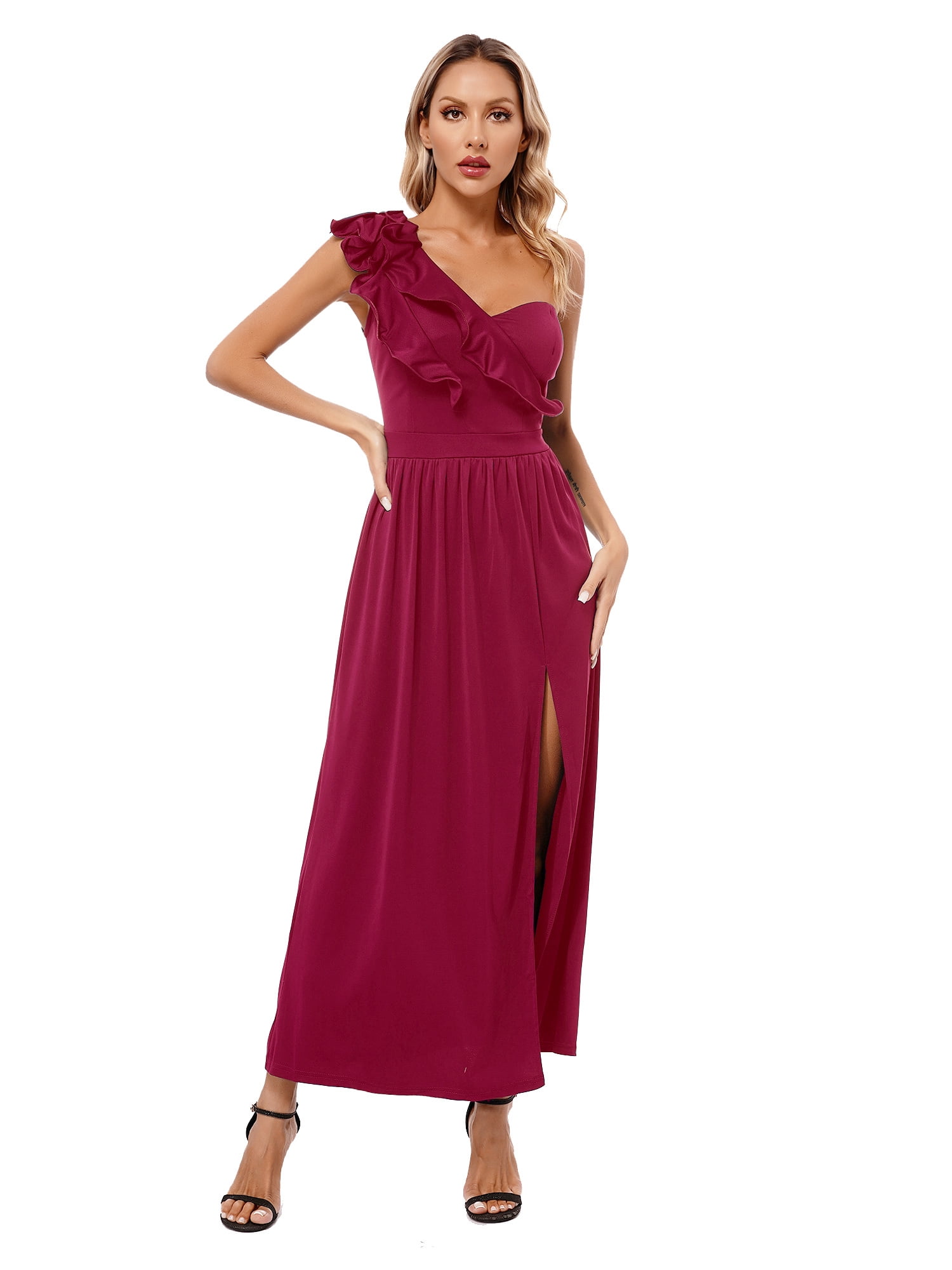 YiZYiF Womens One Shoulder Ruffle Party Dress Side Split Maxi Dress for ...