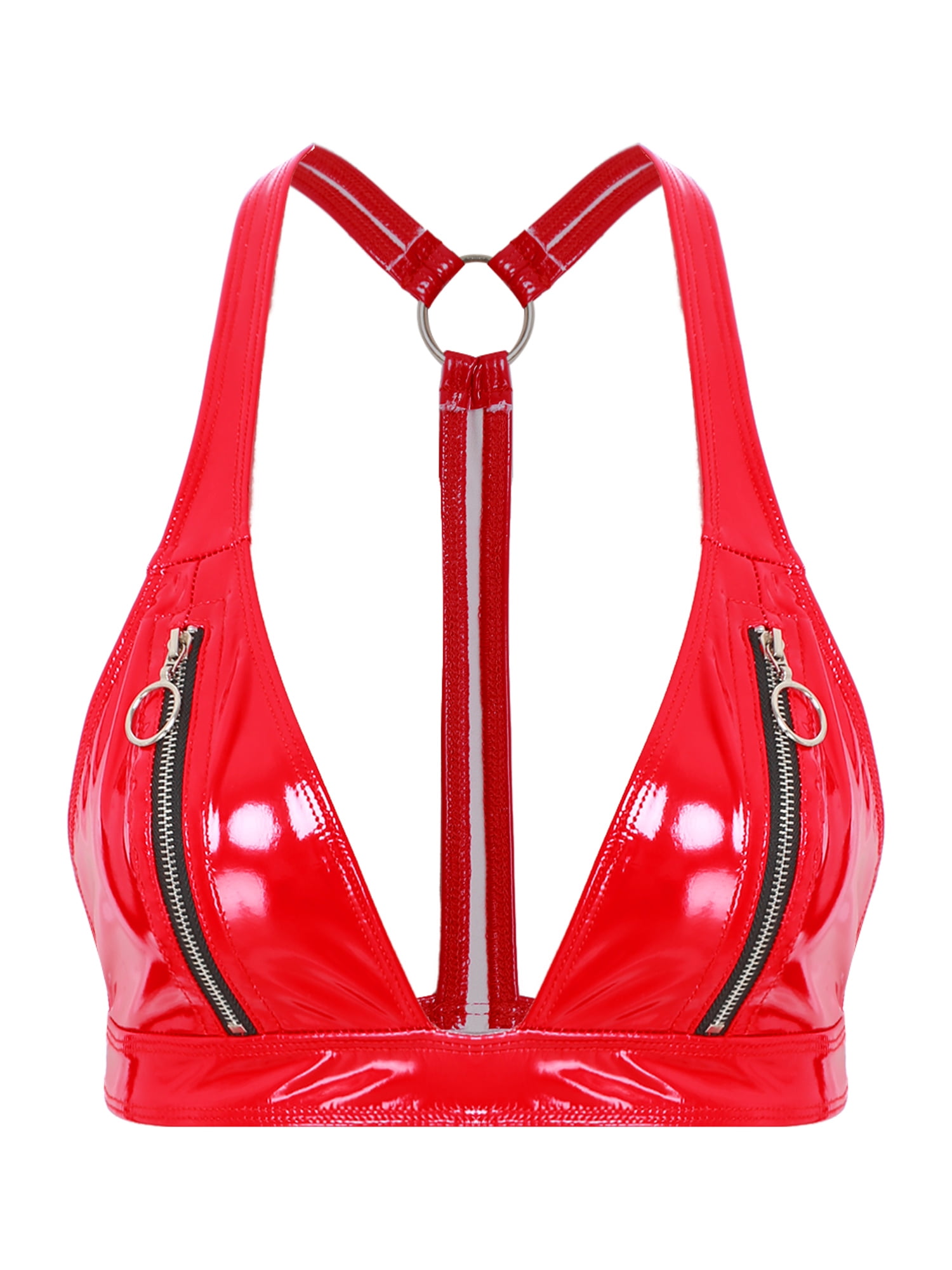 YiZYiF Womens Patent Leather Bra Zipper Openable Cup Y-back Bralette ...