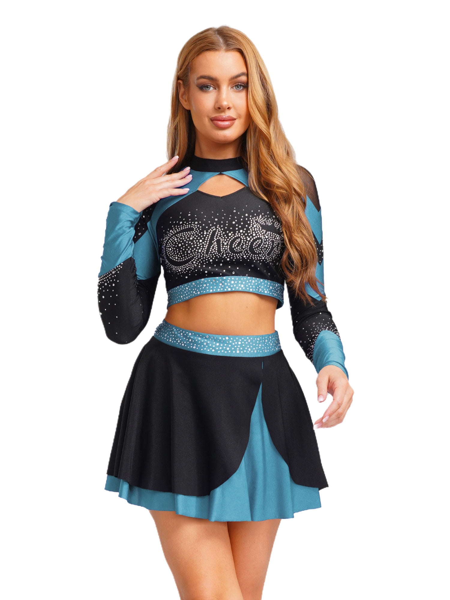 YiZYiF Womens Rhinestone Cheerleading Costume Set Cheer Dance Uniform ...