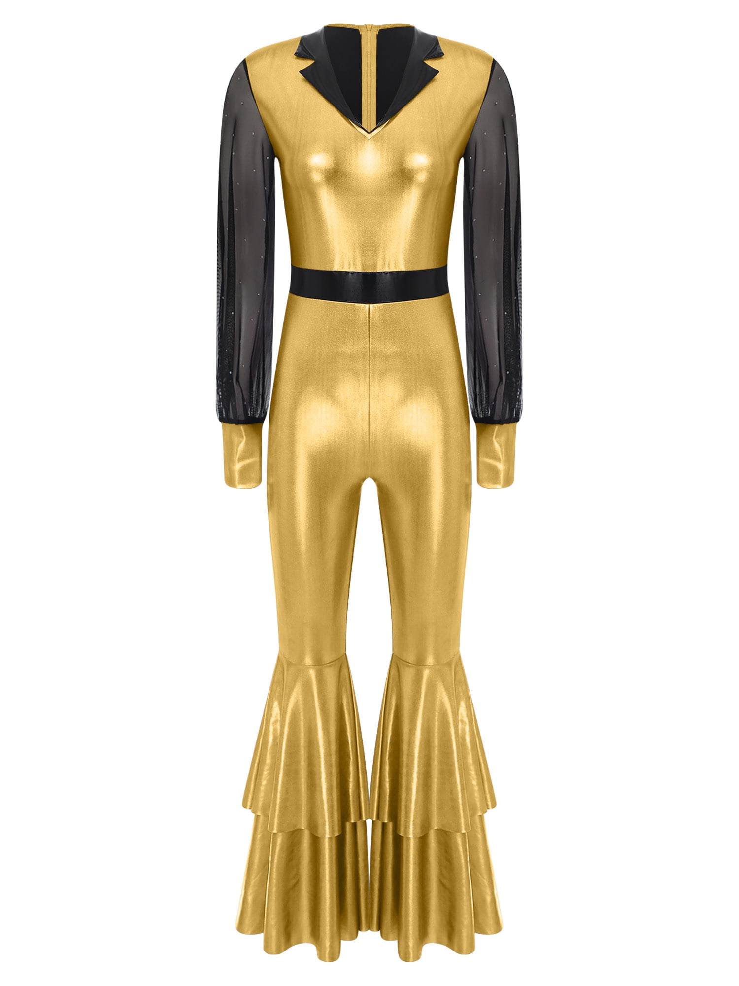 YiZYiF Womens Vintage 70s Disco Jumpsuit Metallic Shiny Tiered Bell ...