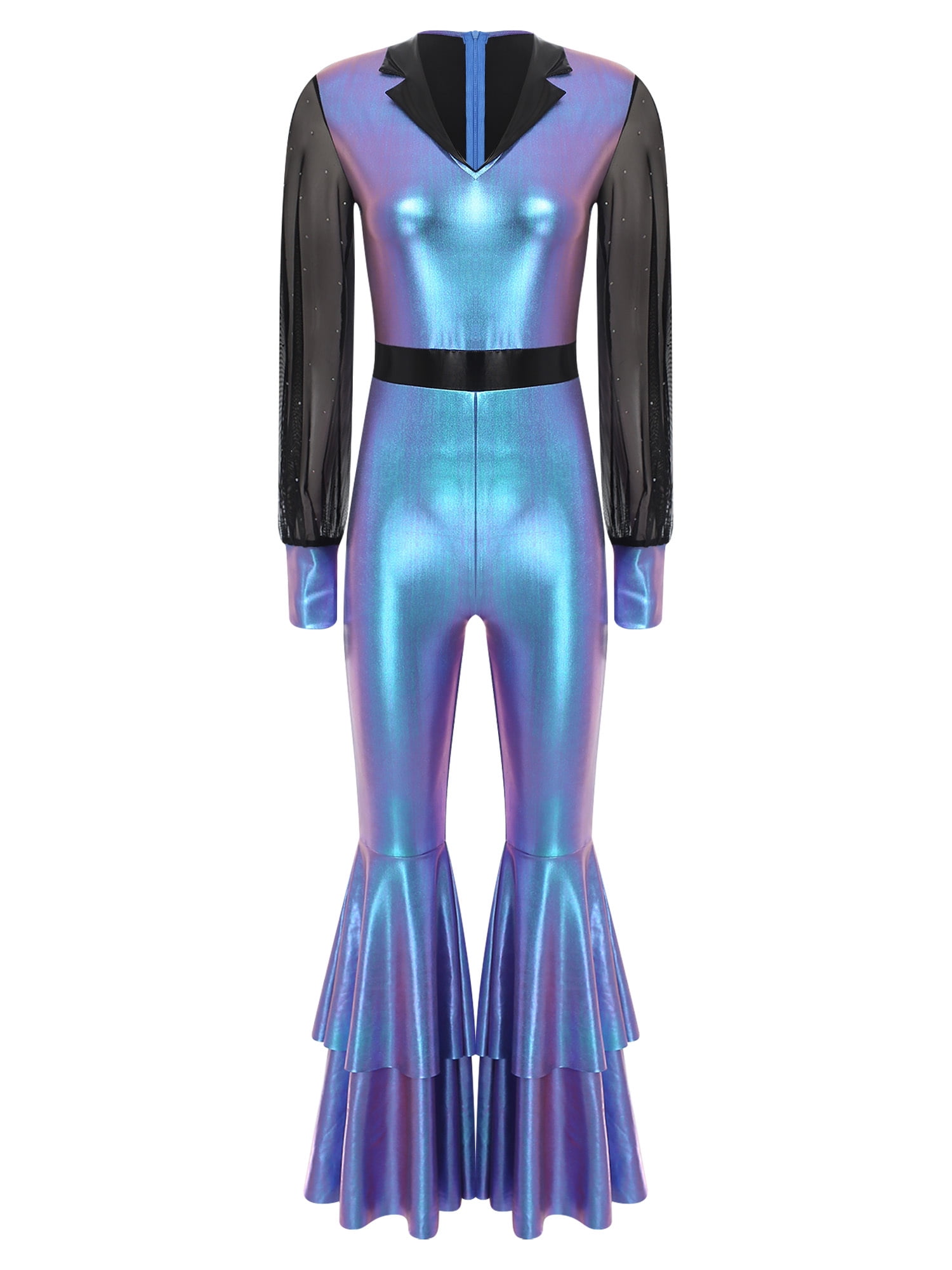 YiZYiF Womens Vintage 70s Disco Jumpsuit Metallic Shiny Tiered Bell ...