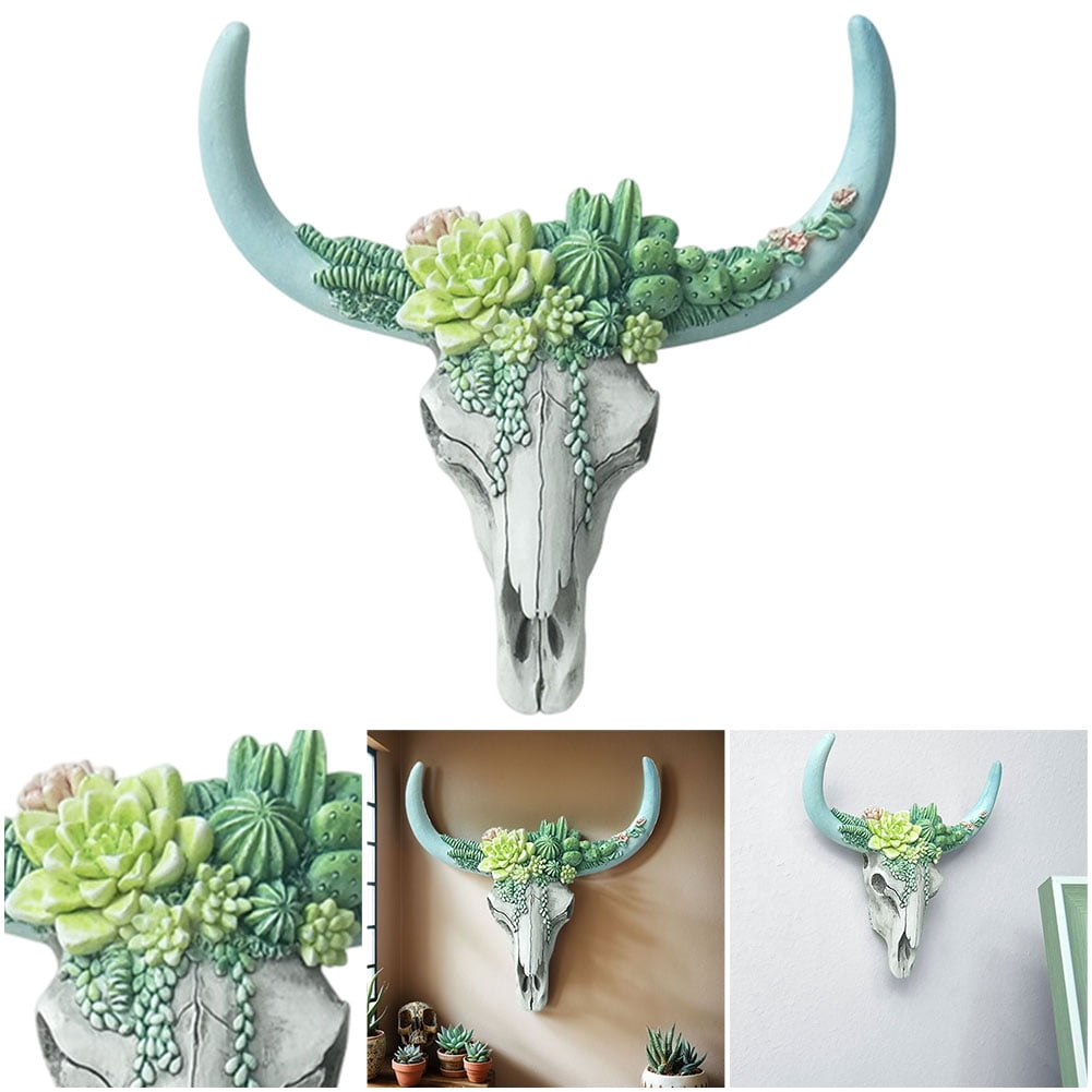 YiaNXan Retro Flower Cow Skull Ornaments Resin Longhorn Cow Skull Head ...
