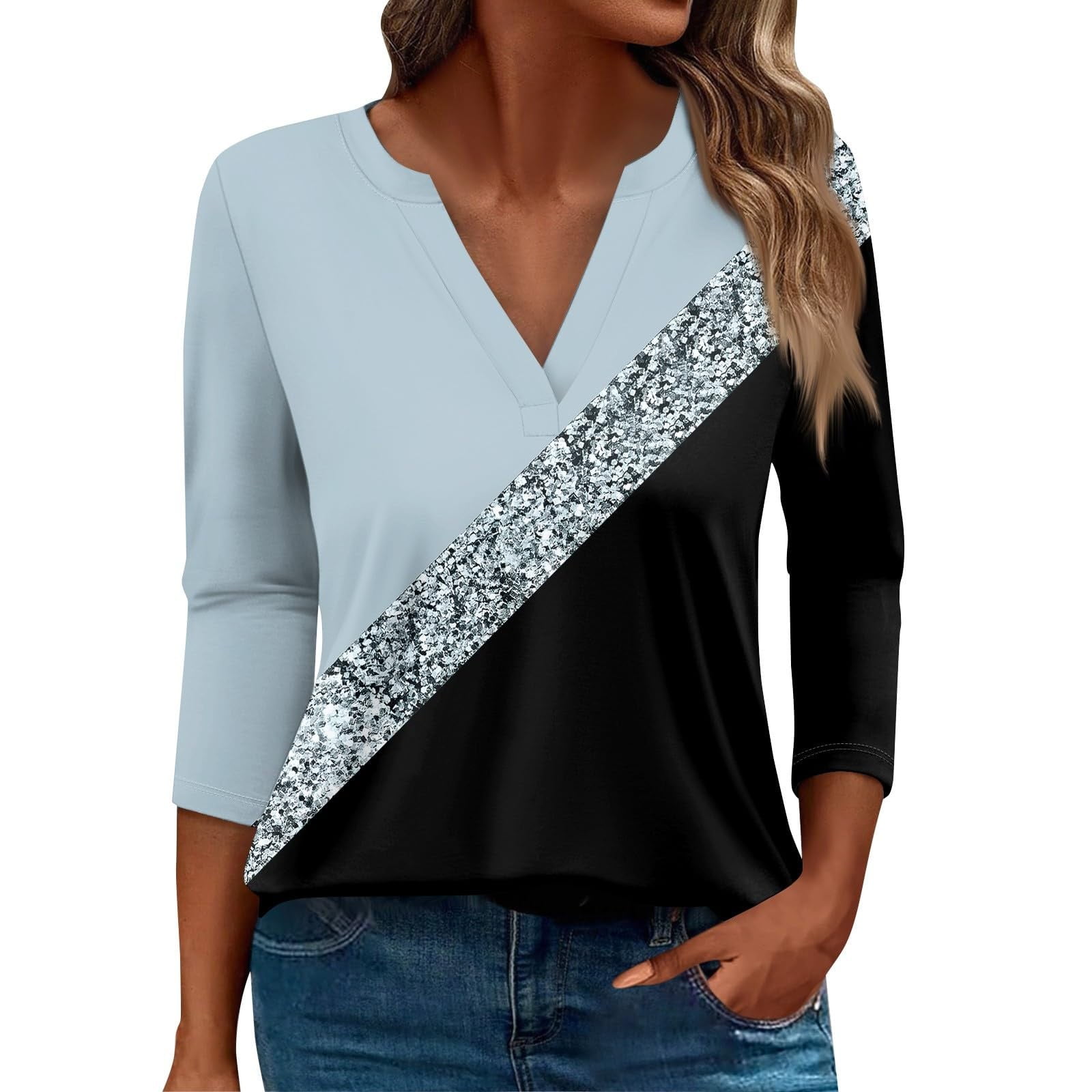 Yiacnk Womens 3 4 Sleeve Tops Summer Casual V Neck Tshirt Ladies 2024