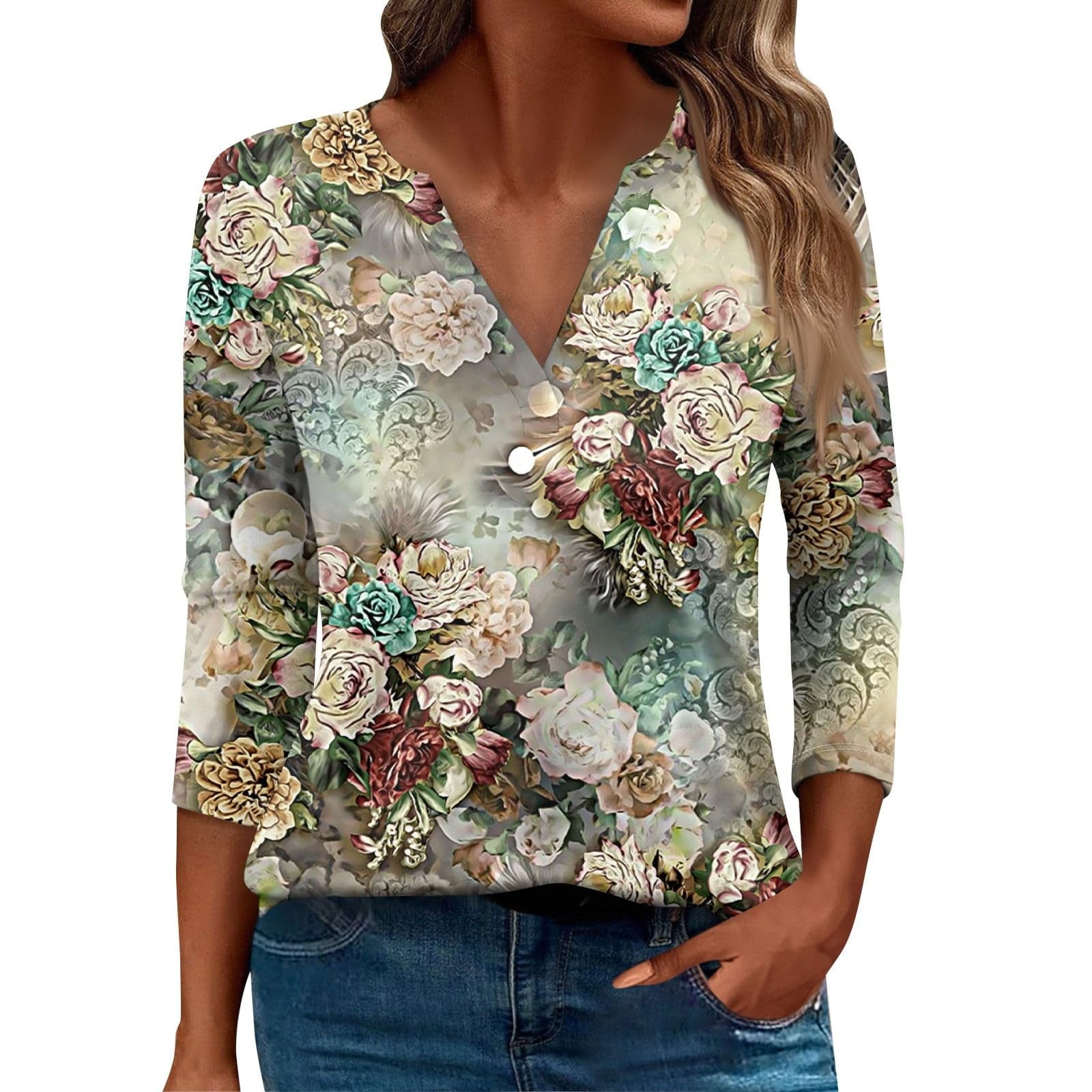 Yiacnk Womens 3 4 Sleeve Tops Summer Casual V Neck Tshirt Ladies 2024