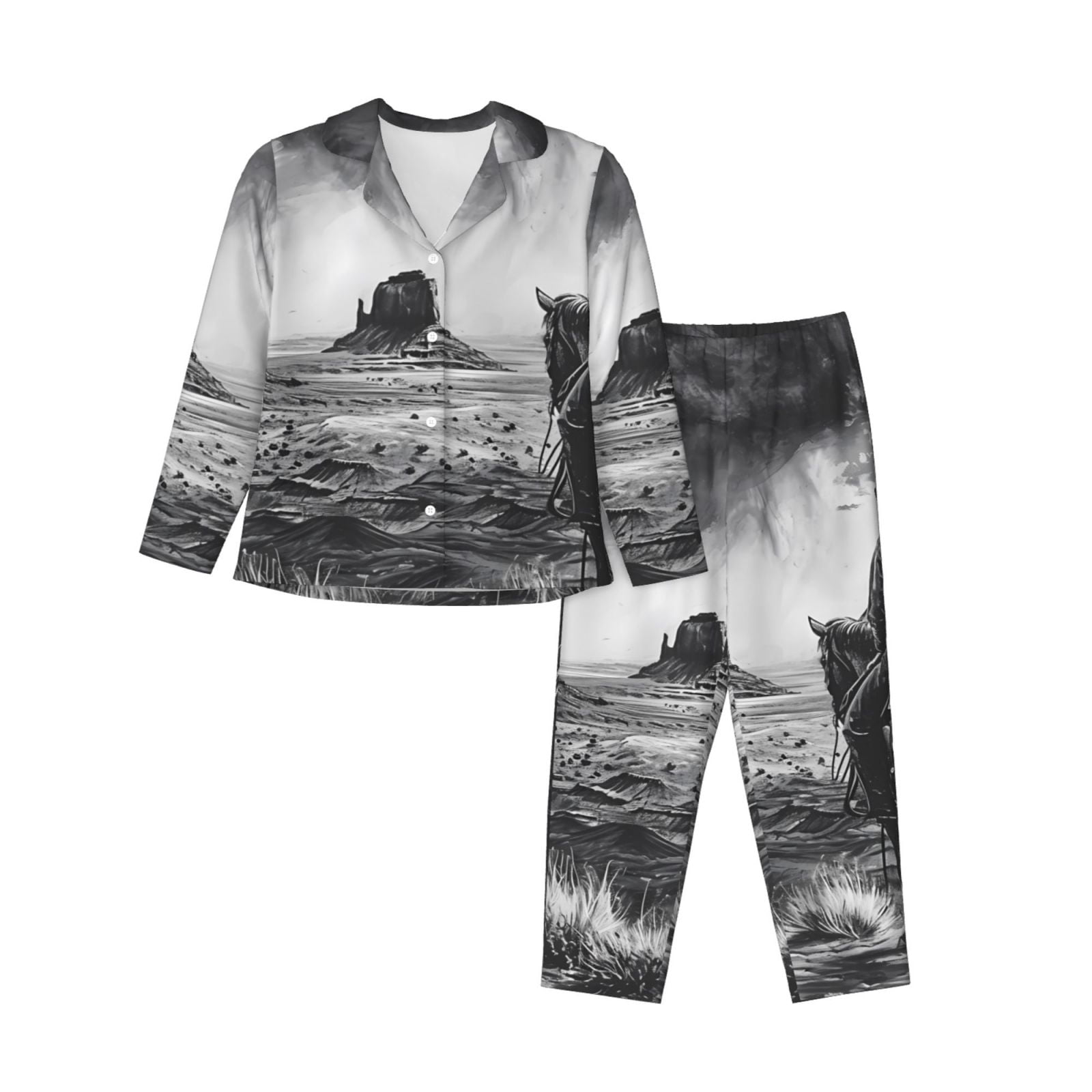 Yiaed 60s Black White Western Cowboy Print Pajamas Women's Long Sleeve ...