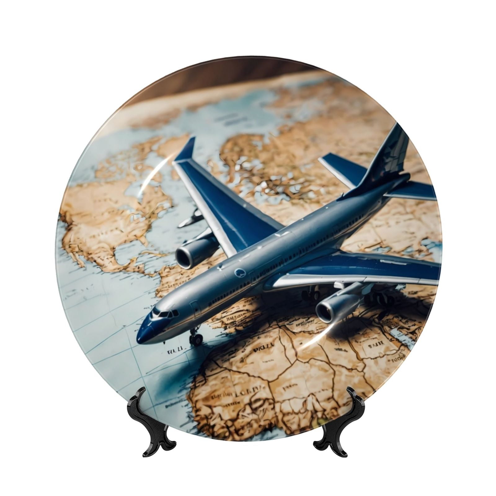 Yiaed Airplane World Map Adventure Print Bone China Decorative Plate ...