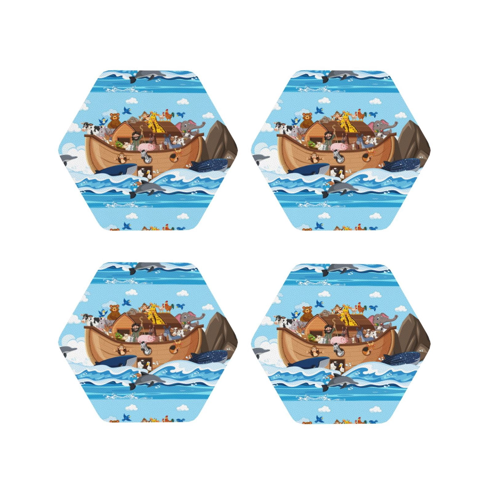 Yiaed Animals on Noah's Ark Floating Print Leather Coasters for Drinks ...