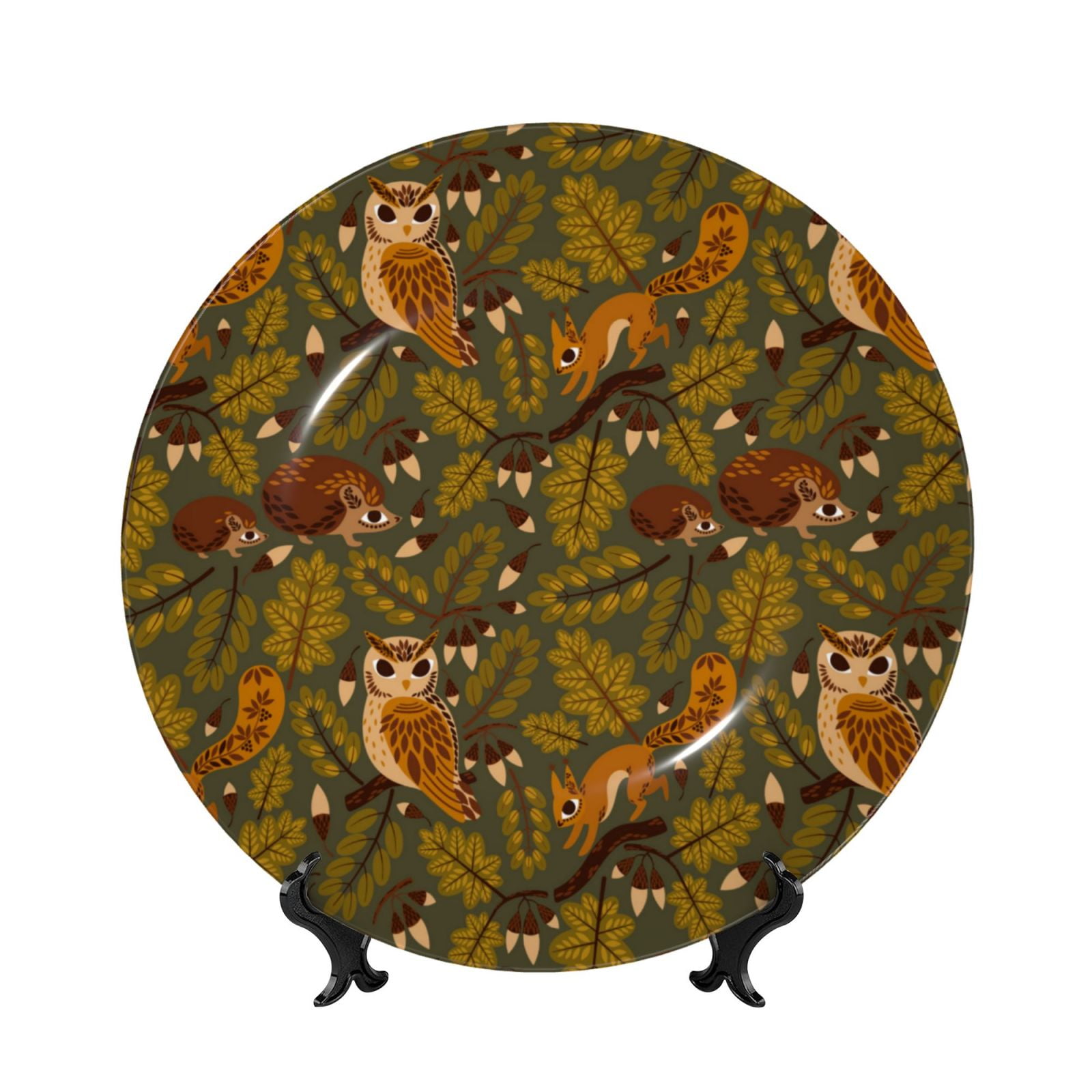 Yiaed Autumn Leaves Owl Squirrel Print Bone China Decorative Plate ...