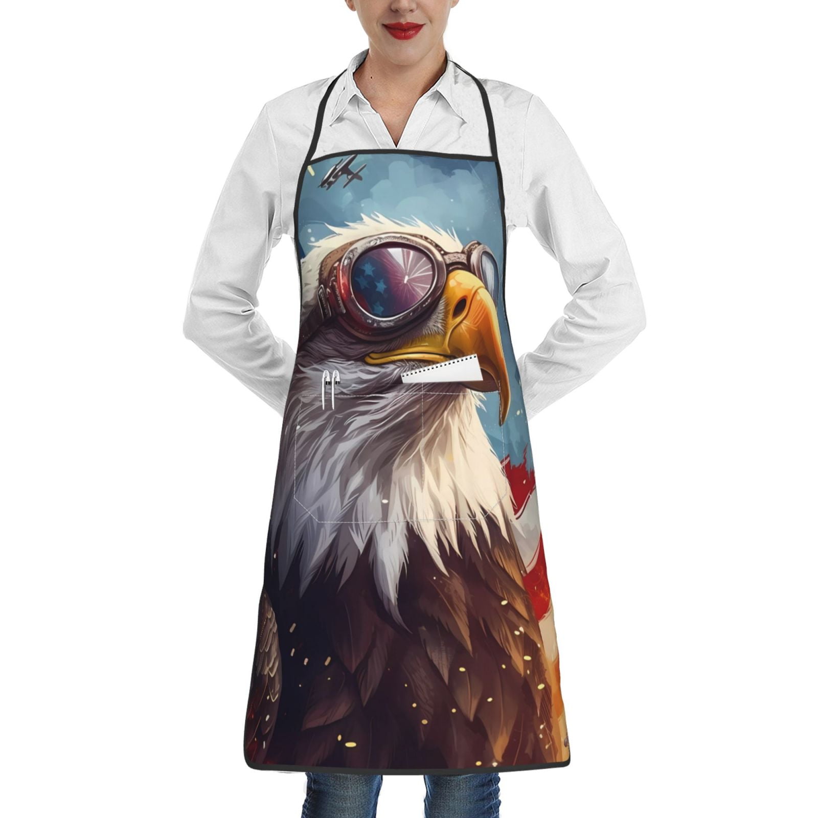 Yiaed Bald Eagle Pilot Print Kitchen Apron with Hand Wipe Pockets,Big ...