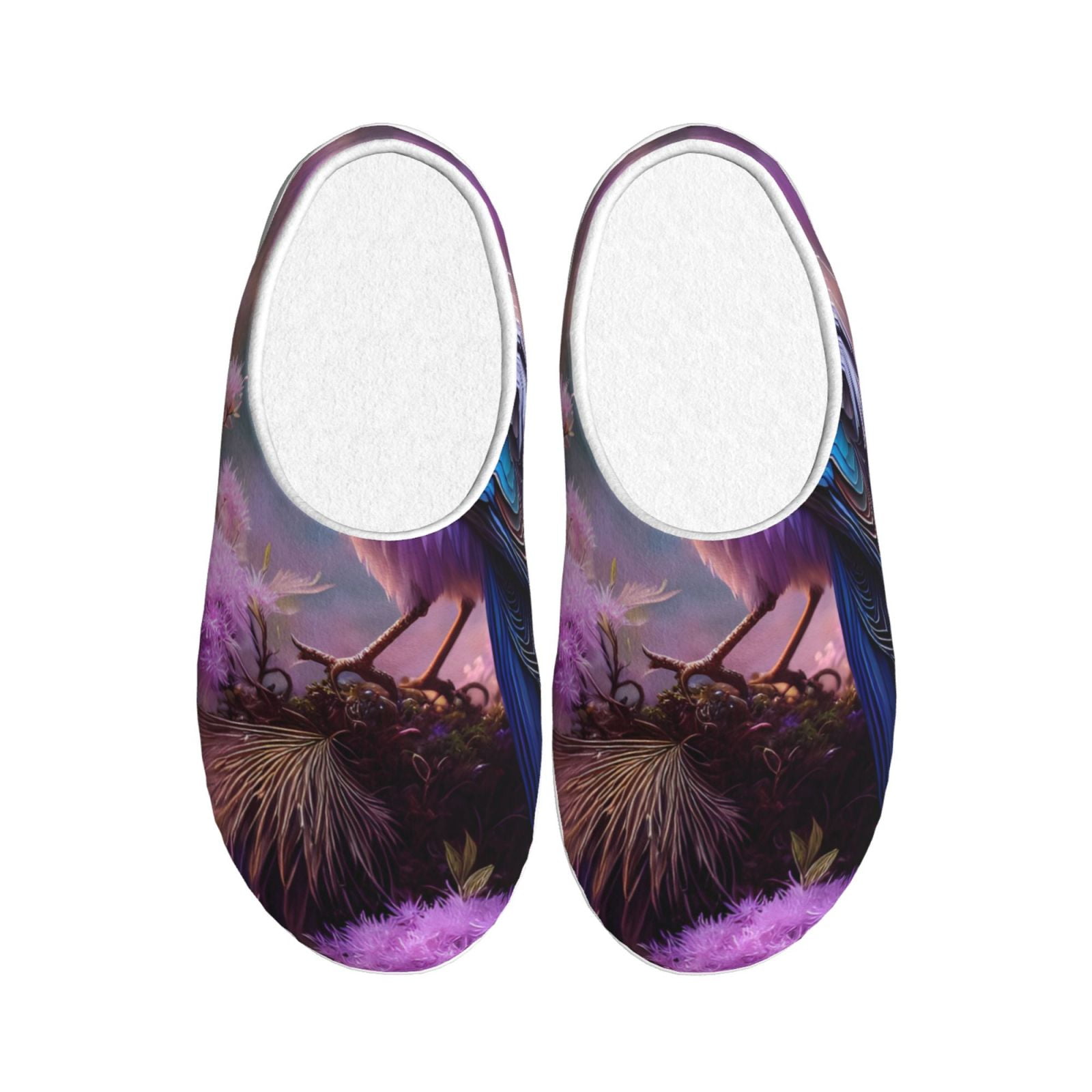 Yiaed Beautiful Flower Blue Bird Print Slippers Fuzzy Warm Cozy ...