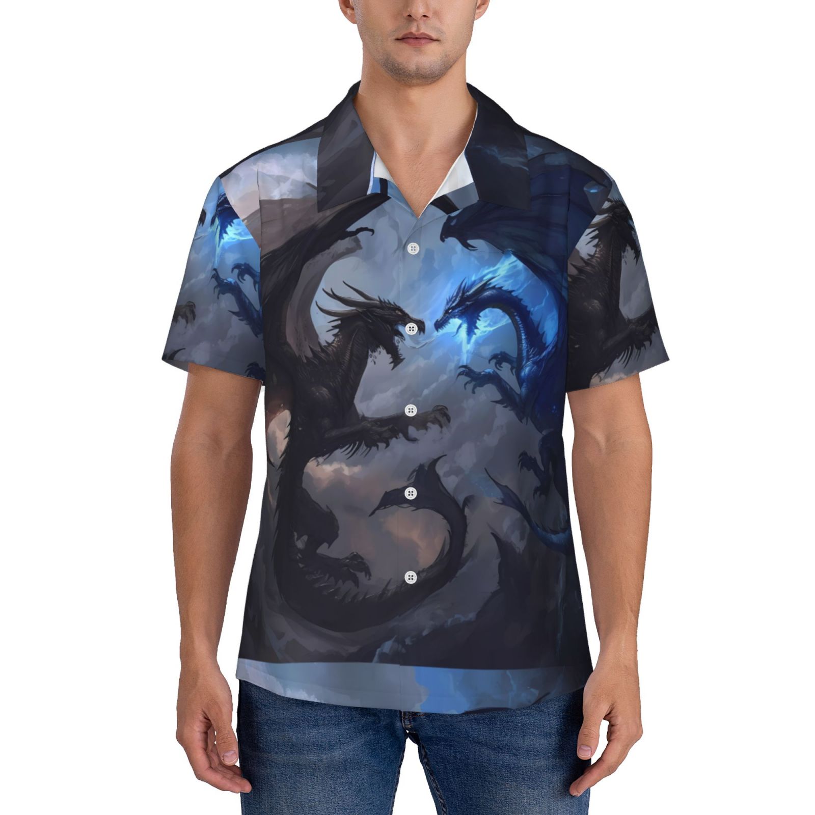 Yiaed Black And Blue Lightning Dragon Print Hawaiian Shirt for Men ...