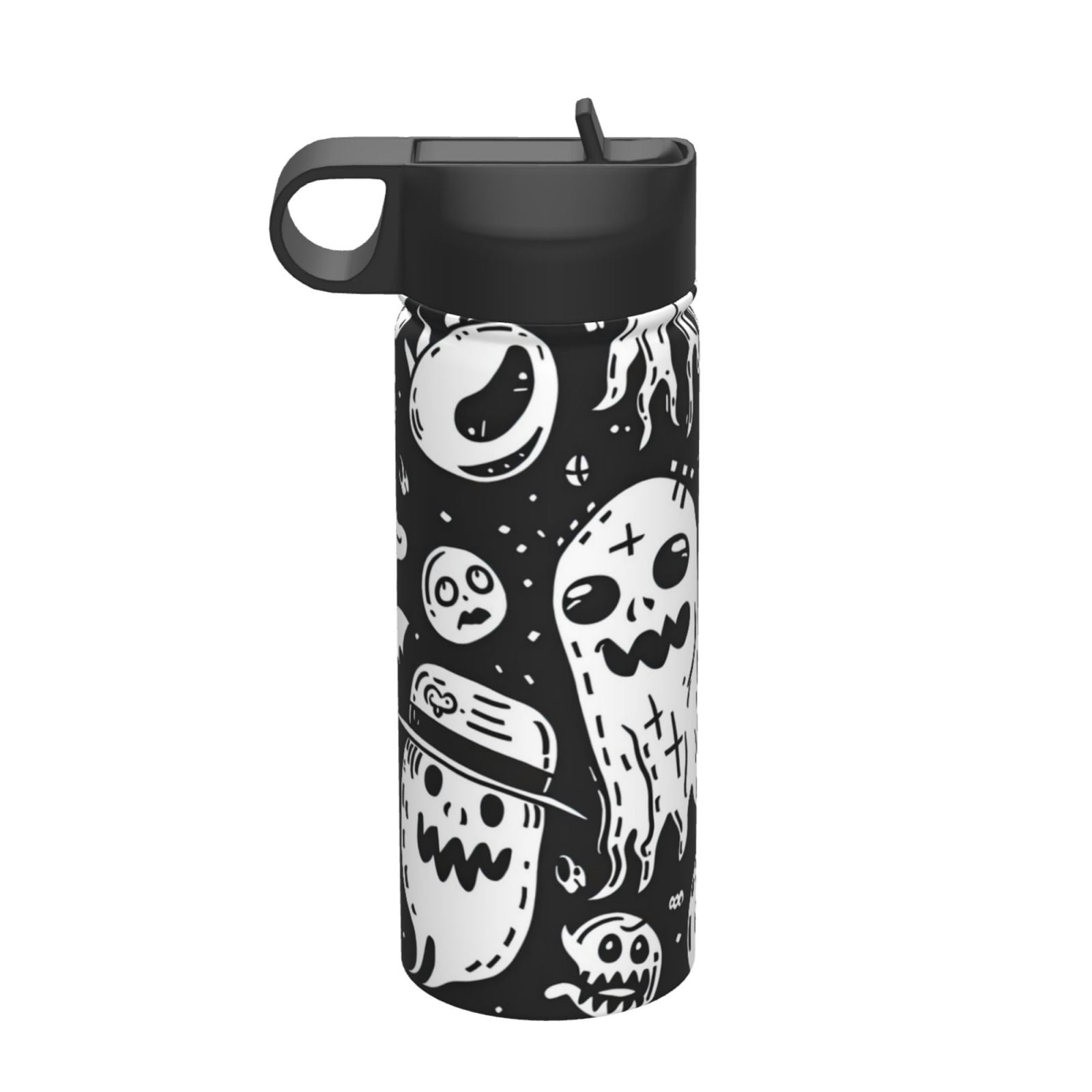 Yiaed Black White Spooky Ghosts Print Water Bottle with Straw Lid ...