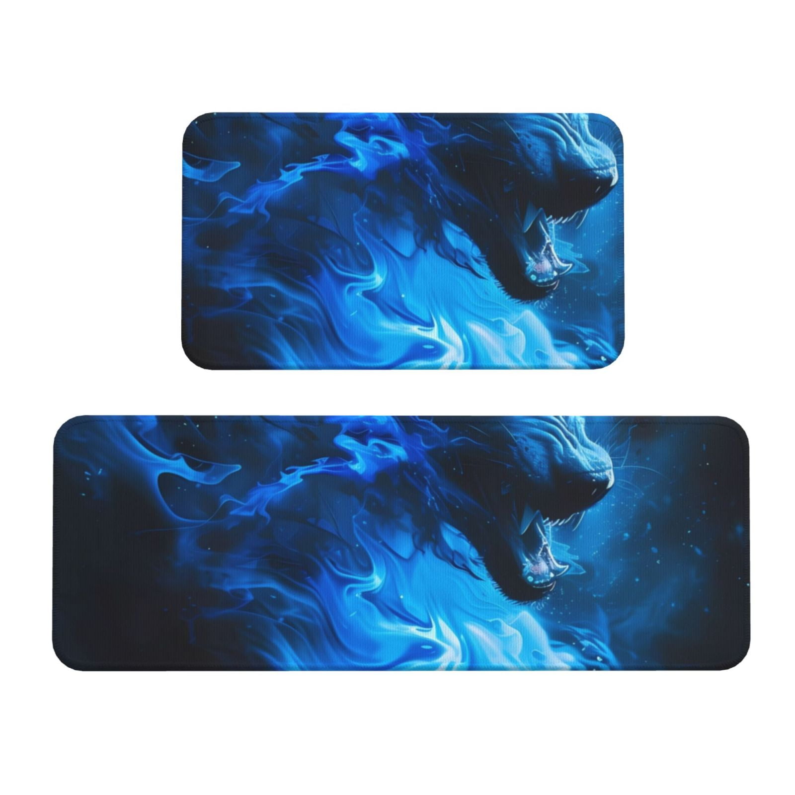 Yiaed Blue Fire Cool Wolf Kitchen Rugs Sets of 2 Kitchen Mats Cushioned ...