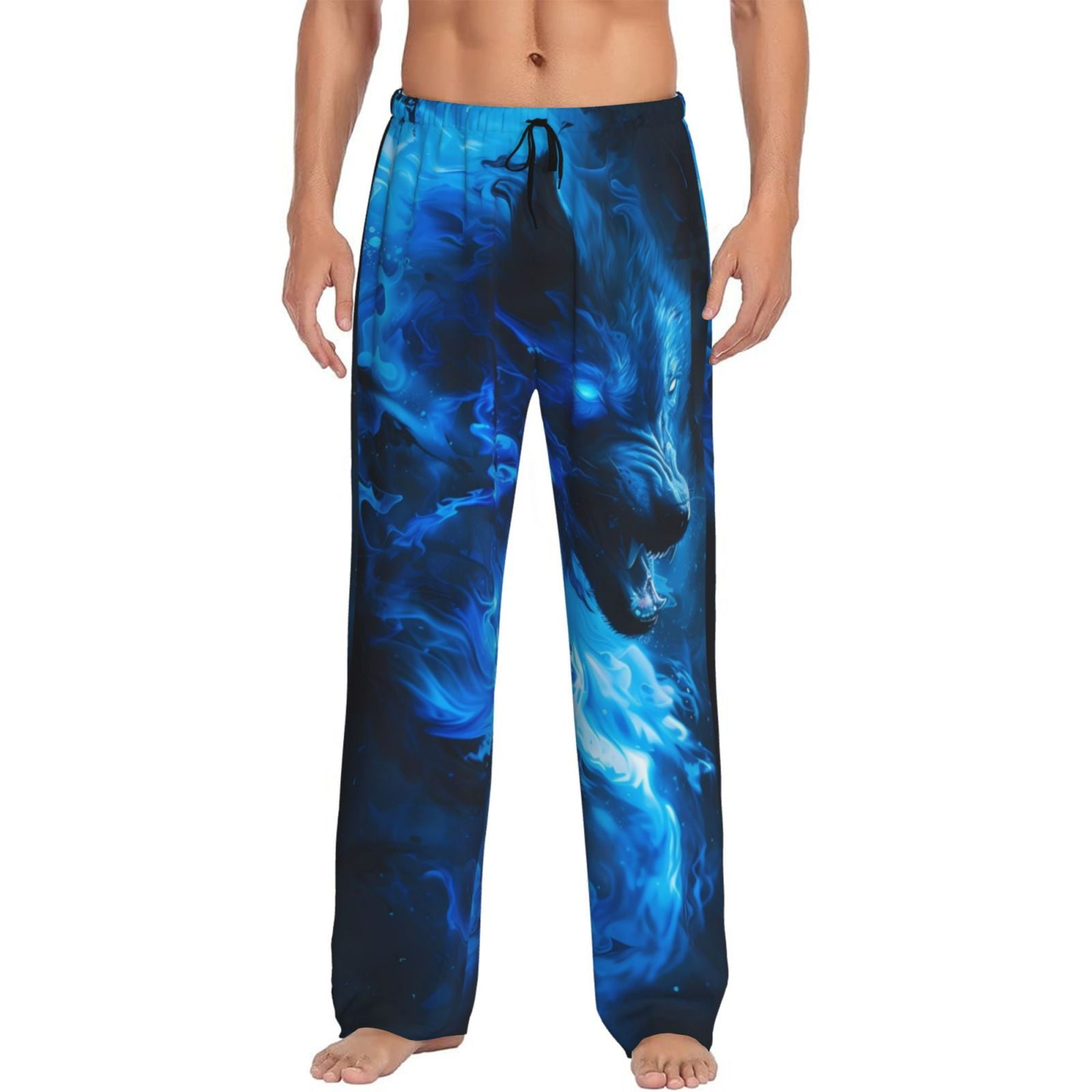 Yiaed Blue Fire Cool Wolf Print Men's Lounge Pants, Loose PJ Bottoms ...