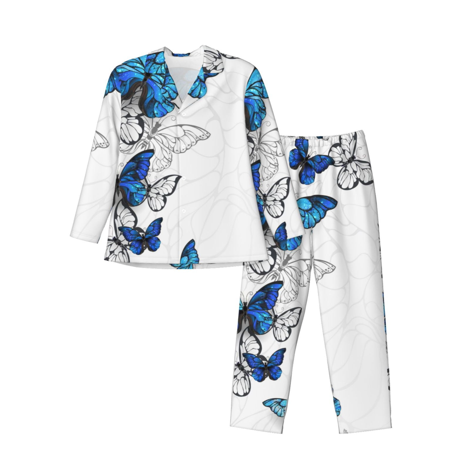 Yiaed Blue Flying Butterflies Print Men’s Pajamas Set - Long Sleeve ...